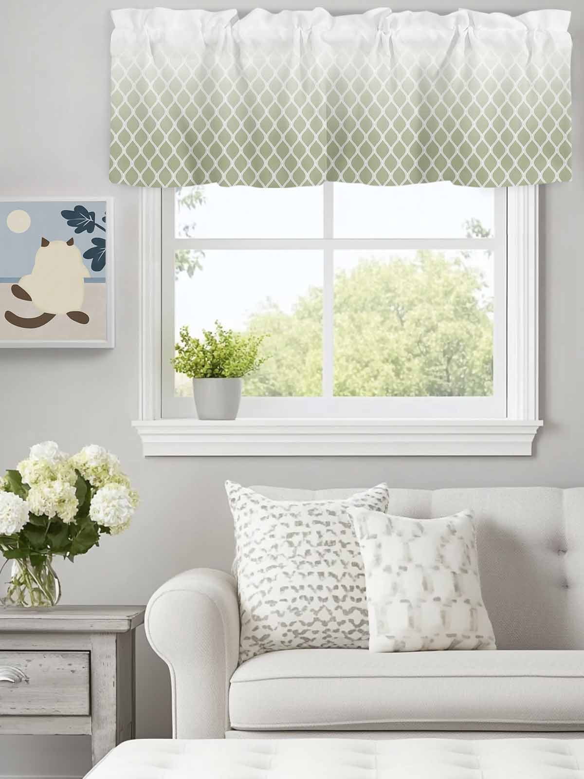 Sage Green Gradient White Grid Valances for Windows,Kitchen Valance Rod ...