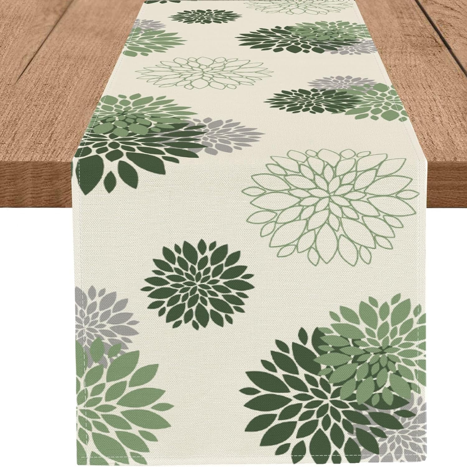 Sage Green Gray Table Runner Dahlia Pinnata Flower Beige Table Runners ...