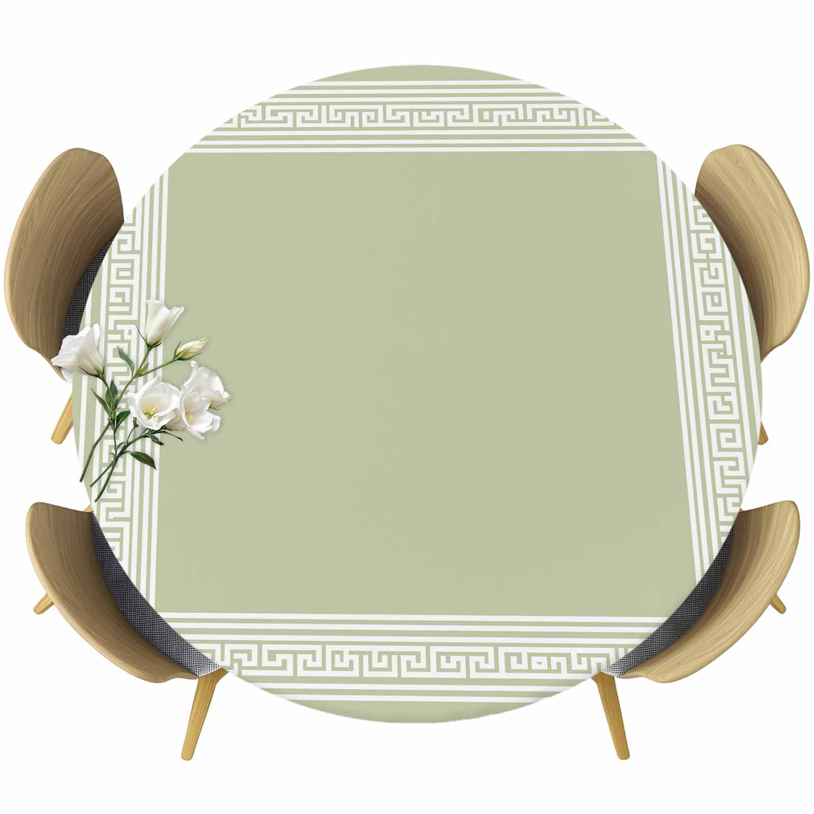 Sage Green Greek Key Round Tablecloth, Fitted Table Cover with Elastic ...