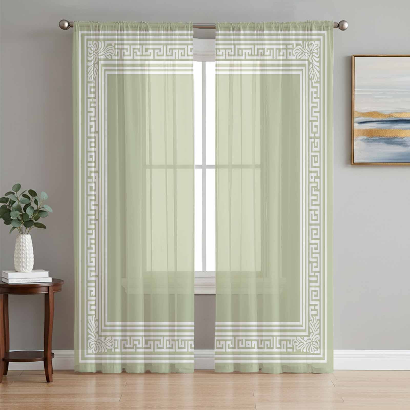 Sage Green Greek Key Semi Sheer Curtains 96 Inch Length 2 Panels Set ...