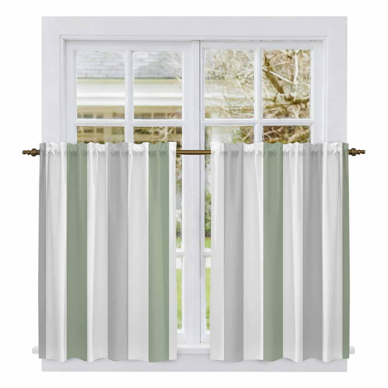Sage Green Grey Stripe Kitchen Curtains, Modern Farmhouse Vertical ...