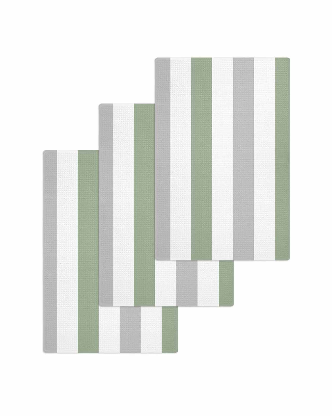 Sage Green Grey Stripe Kitchen Dish Towels for Drying Dishes Set of 3, Modern Farmhouse Vertical ...