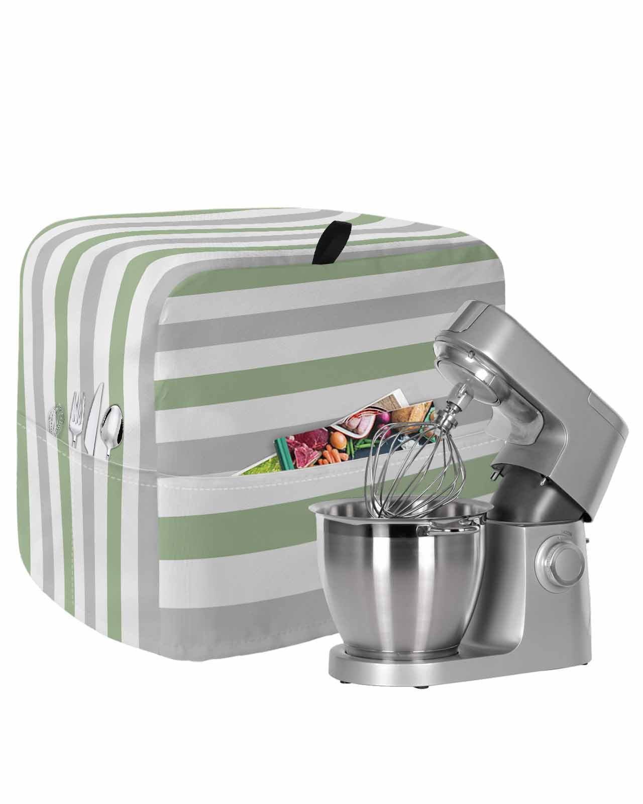 Sage Green Grey Striped Stand Mixer Dust Cover with Storage Pocket ...