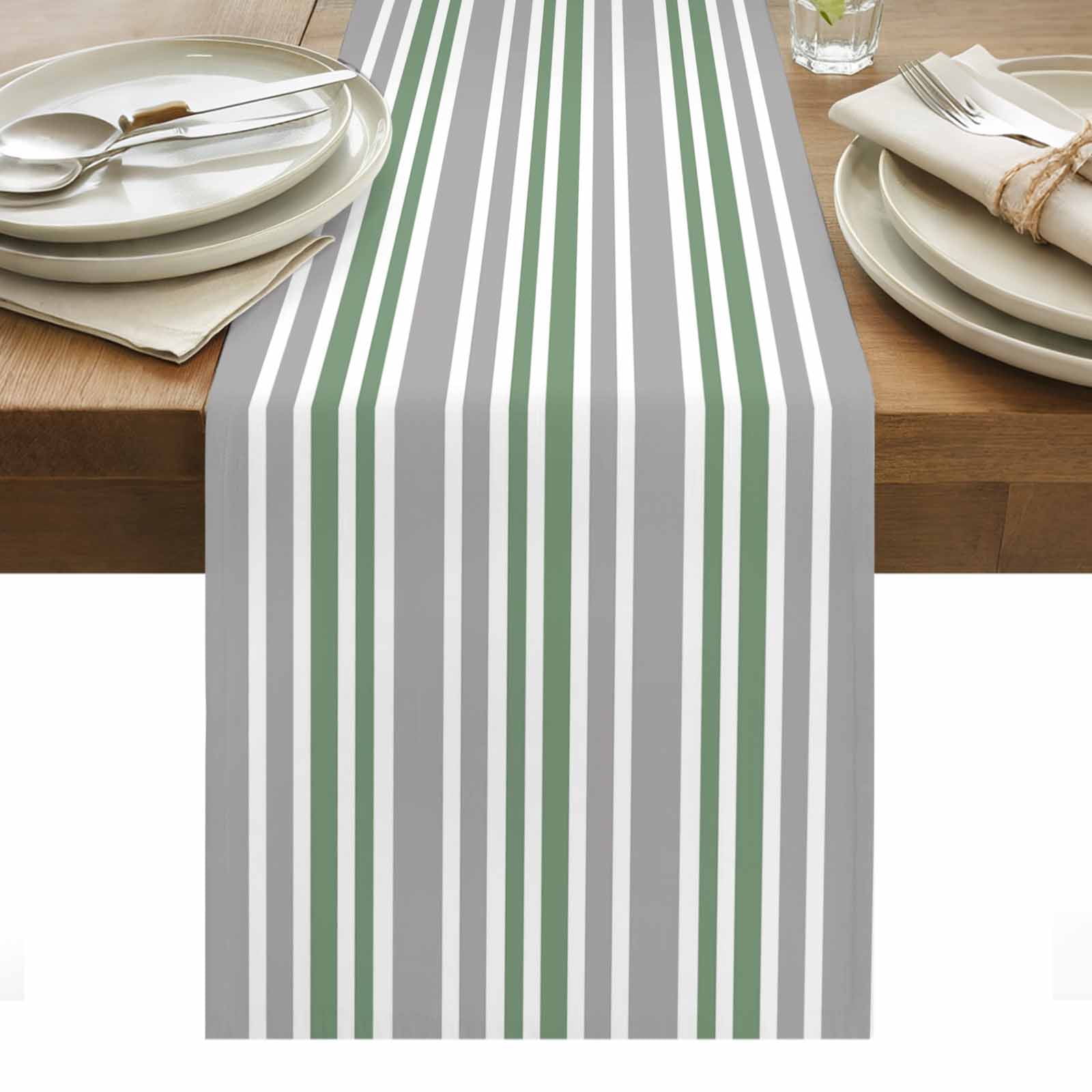 Sage Green Grey Striped Table Runner - 120 Inch Long, Kitchen Dining ...