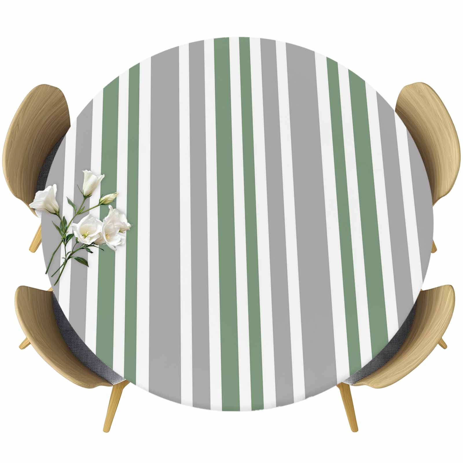 Sage Green Grey Stripes Round Tablecloth, Fitted Table Cover with ...