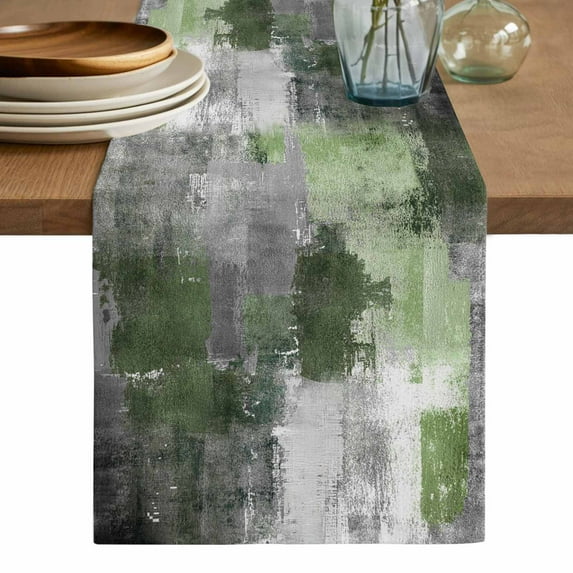 Sage Green Grey Table Runner, Modern Oil Painted Abstract Art ...