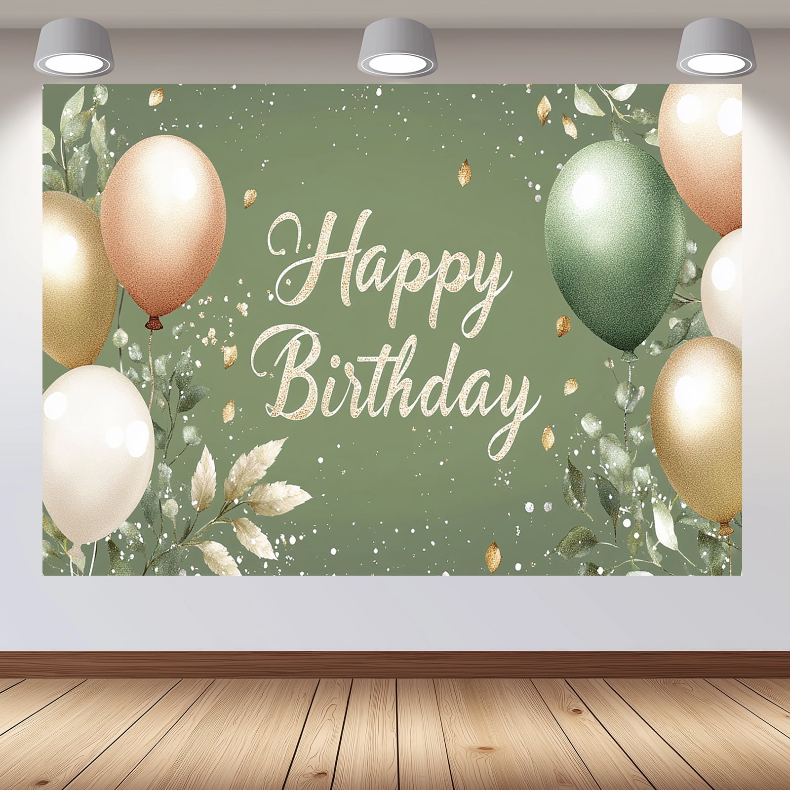 Sage Green Happy Birthday Party Backdrop Banner with Eucalyptus Leaves ...
