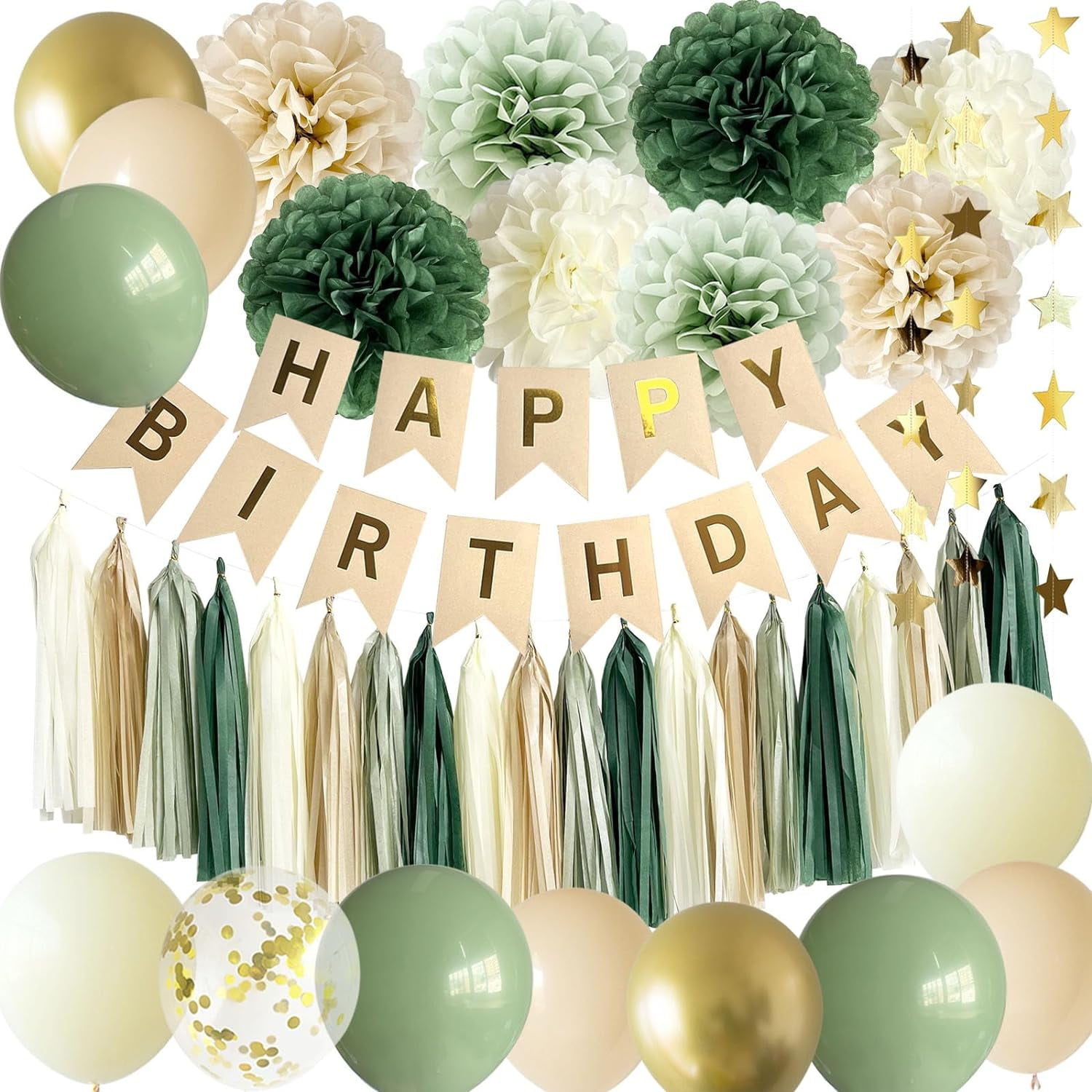 Sage Green Happy Birthday Party Decorations Retro Green Nude Ivory Dark ...
