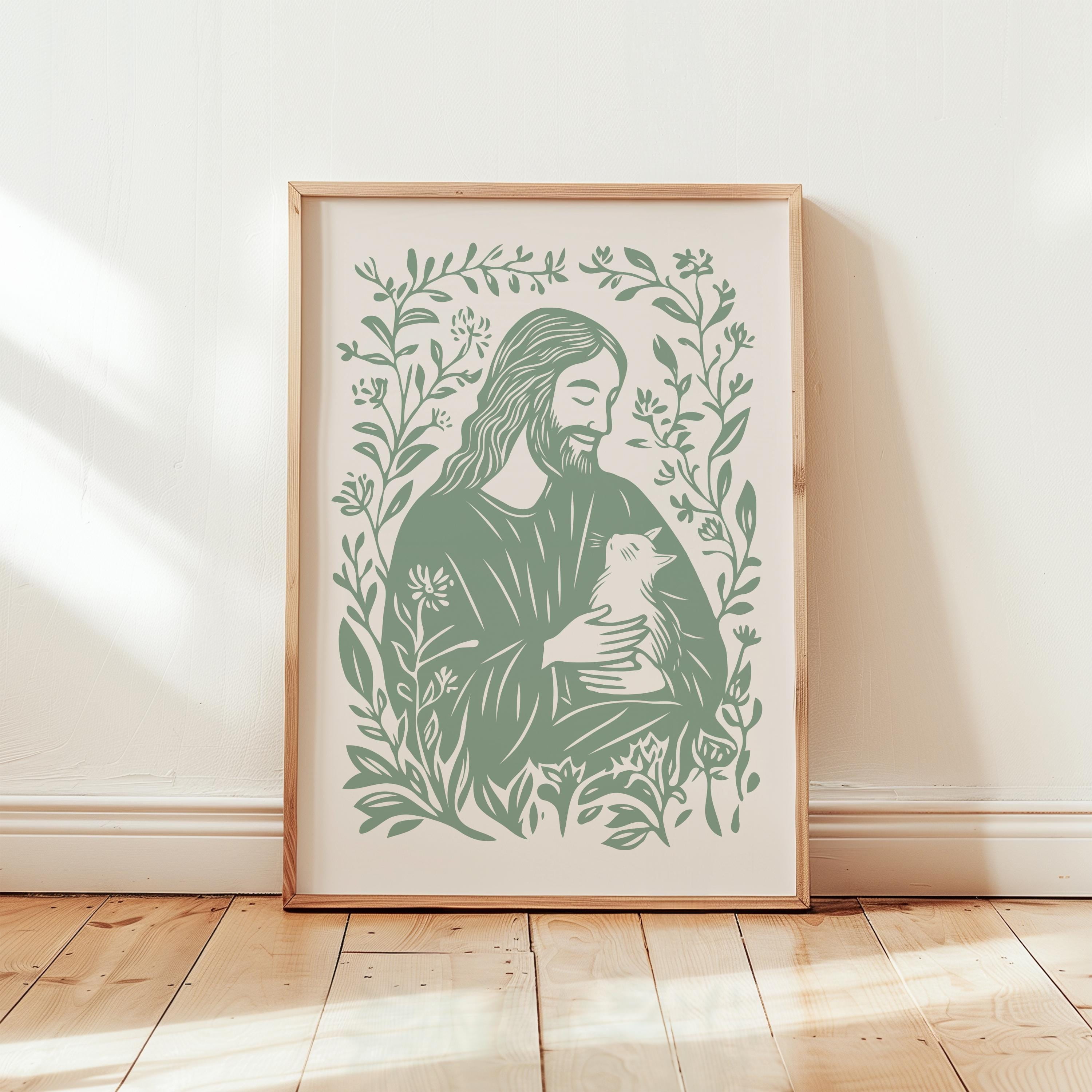 Sage Green Jesus With Cat Print: Christian Art Warm Present Vintage ...