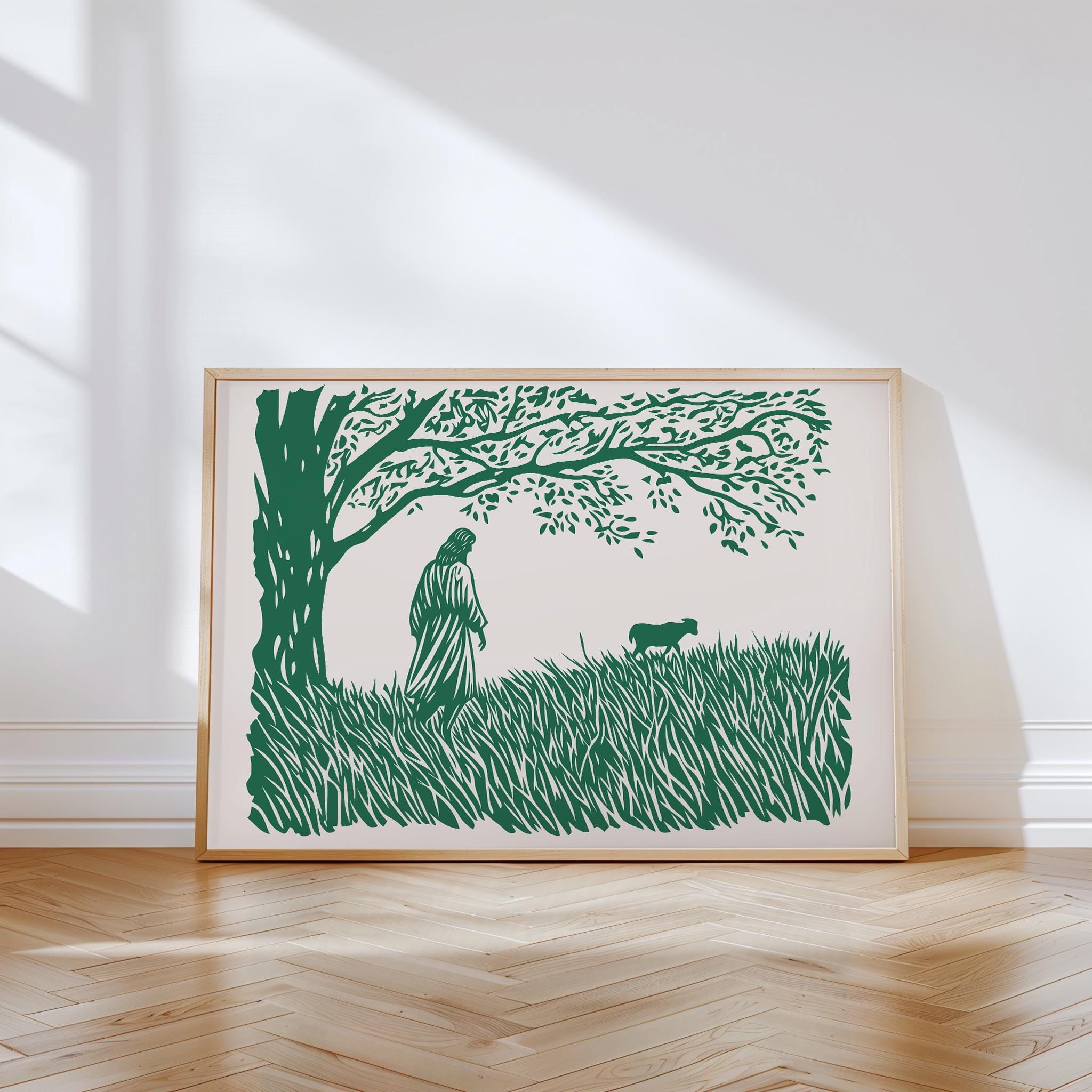 Sage Green Jesus With Cat Print: Christian Art Warm Present Vintage ...
