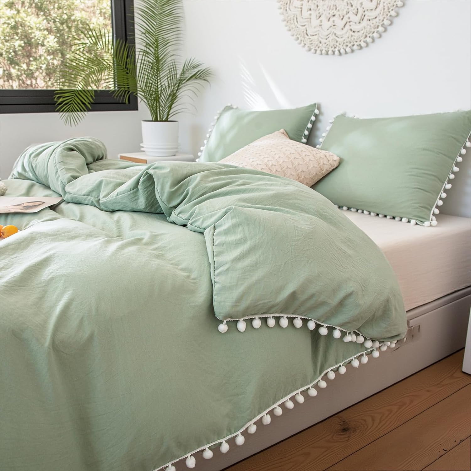 Sage Green King Size Pom Pom Comforter Set Green Bedding Farmhouse Boho ...