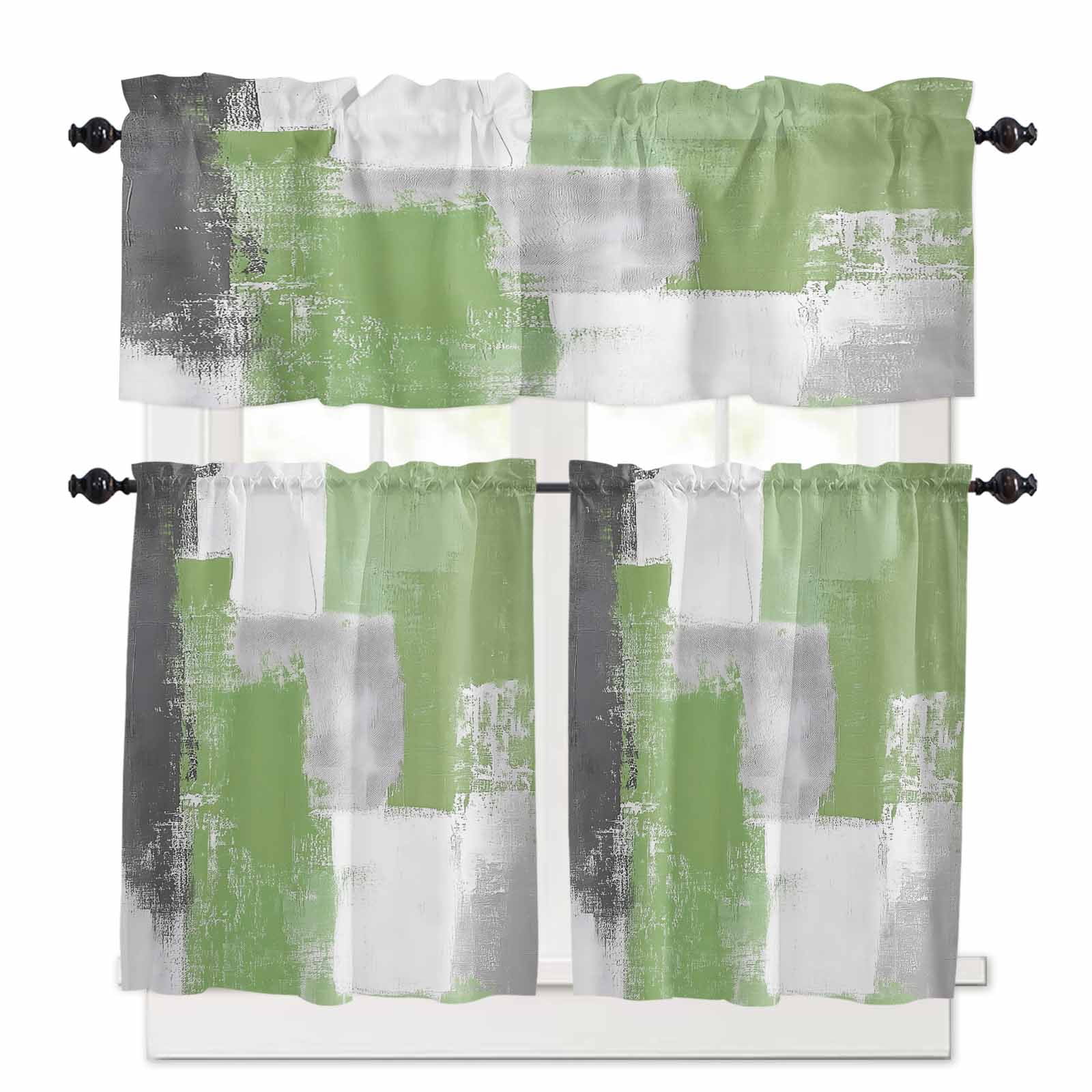 Sage Green Kitchen Curtains and Valances Set, Gray Graffiti Color ...