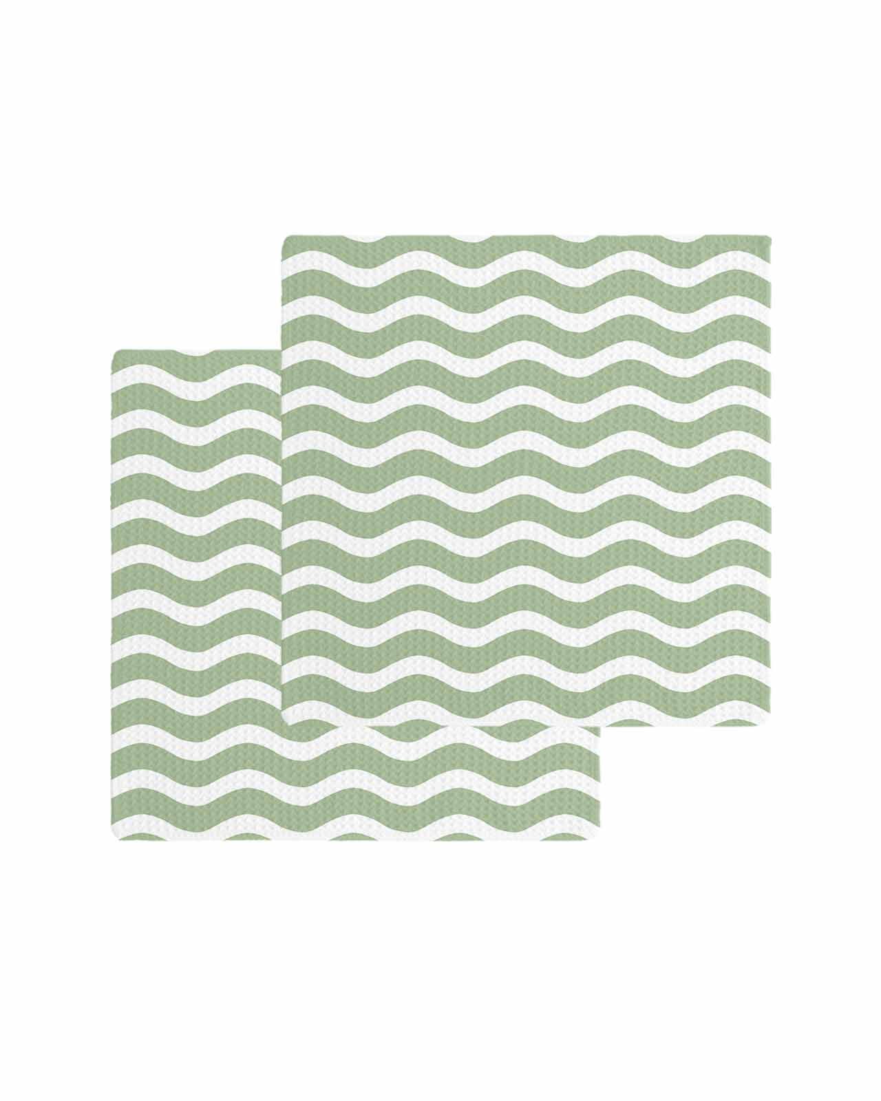 Sage Green Kitchen Dish Towels for Drying Dishes Set of 2, Modern Abstract Waves Water Ripple ...
