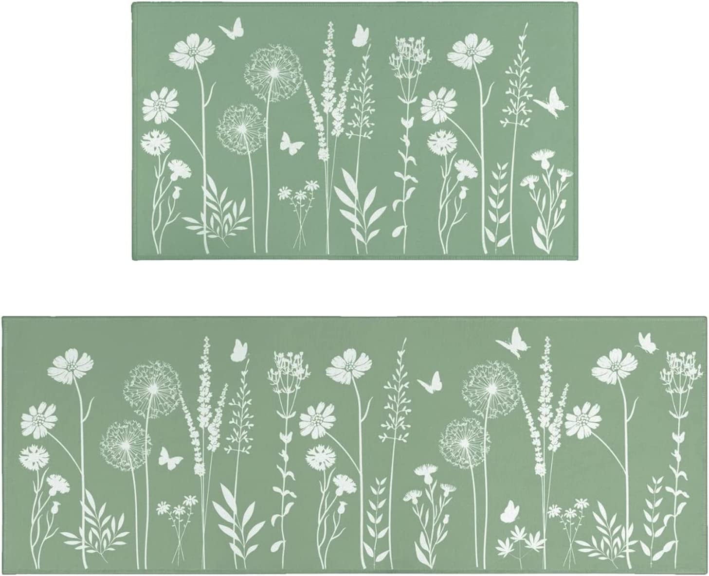 Pionism Sage Green Floral Kitchen Rug Set, Soft, 17x30, 17x48 Inches ...