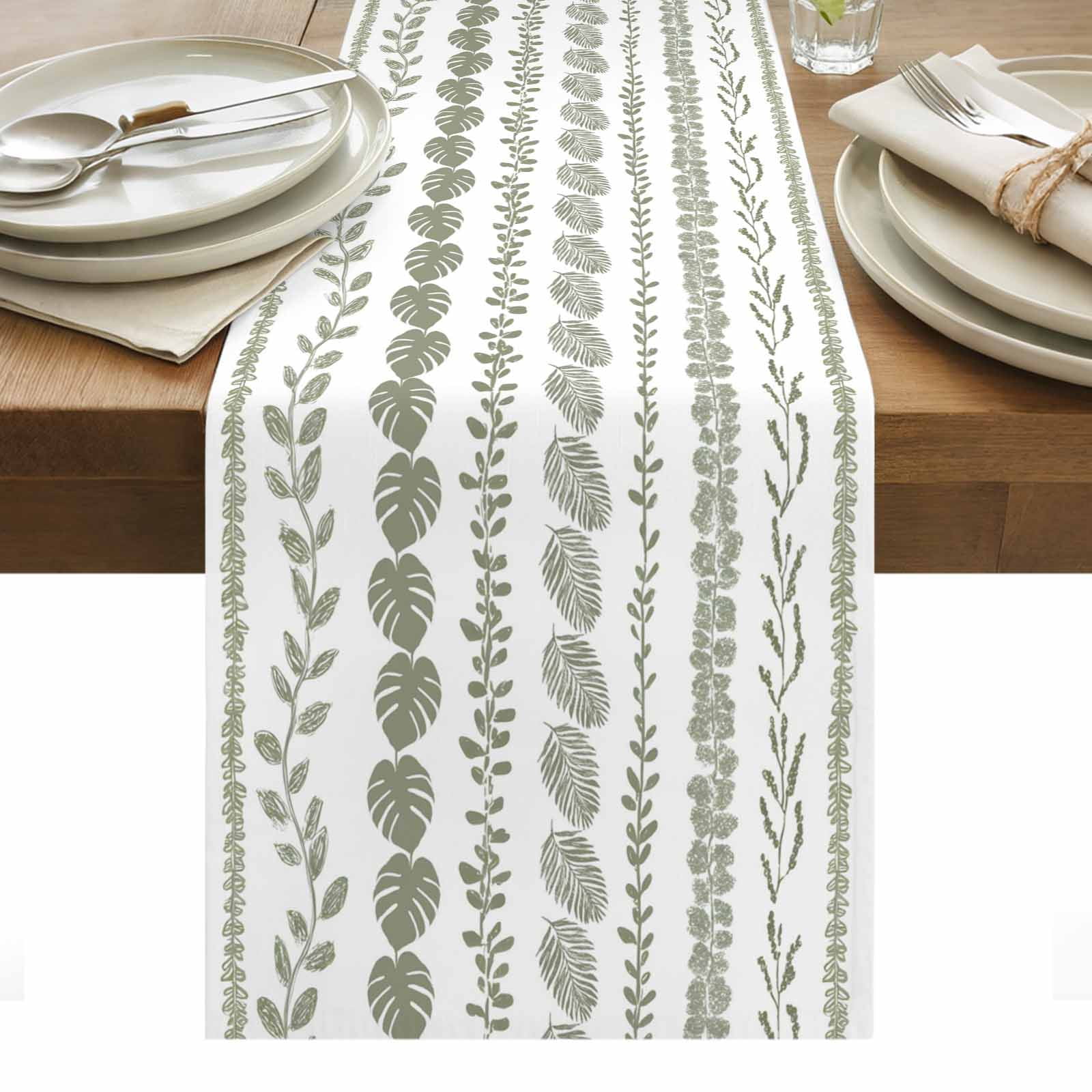 Sage Green Leaf Cotton Linen Table Runner Summer Botanical Vertical ...