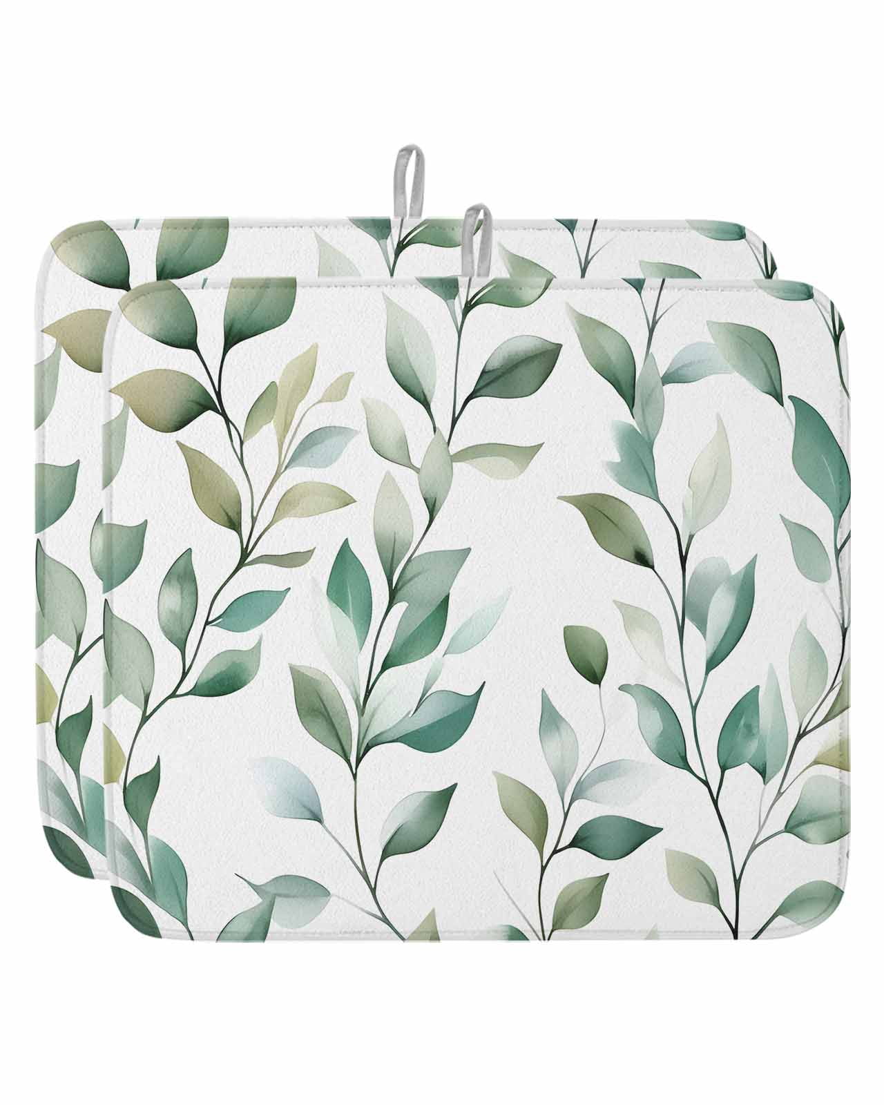 Sage Green Leaf Dish Drying Mat 16x18 inch Eucalyptus Leaves Retro ...