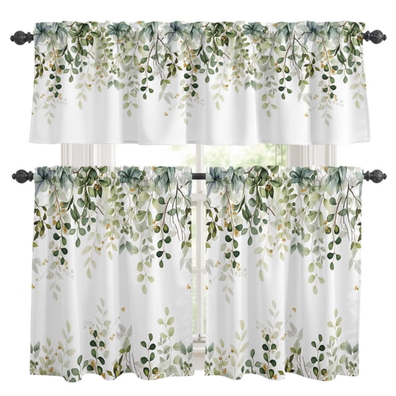 Sage Green Leaf Kitchen Curtains Set for Windows, Watercolor Eucalyptus ...