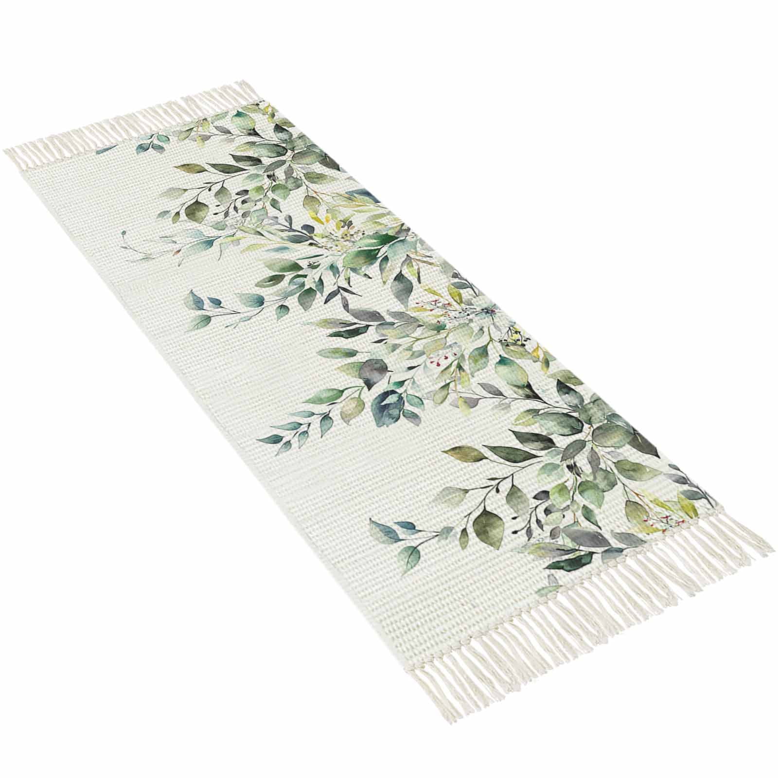 Sage Green Leaf Kitchen Runner Rug 2x4 Bedside Rug with Tassel Woven ...