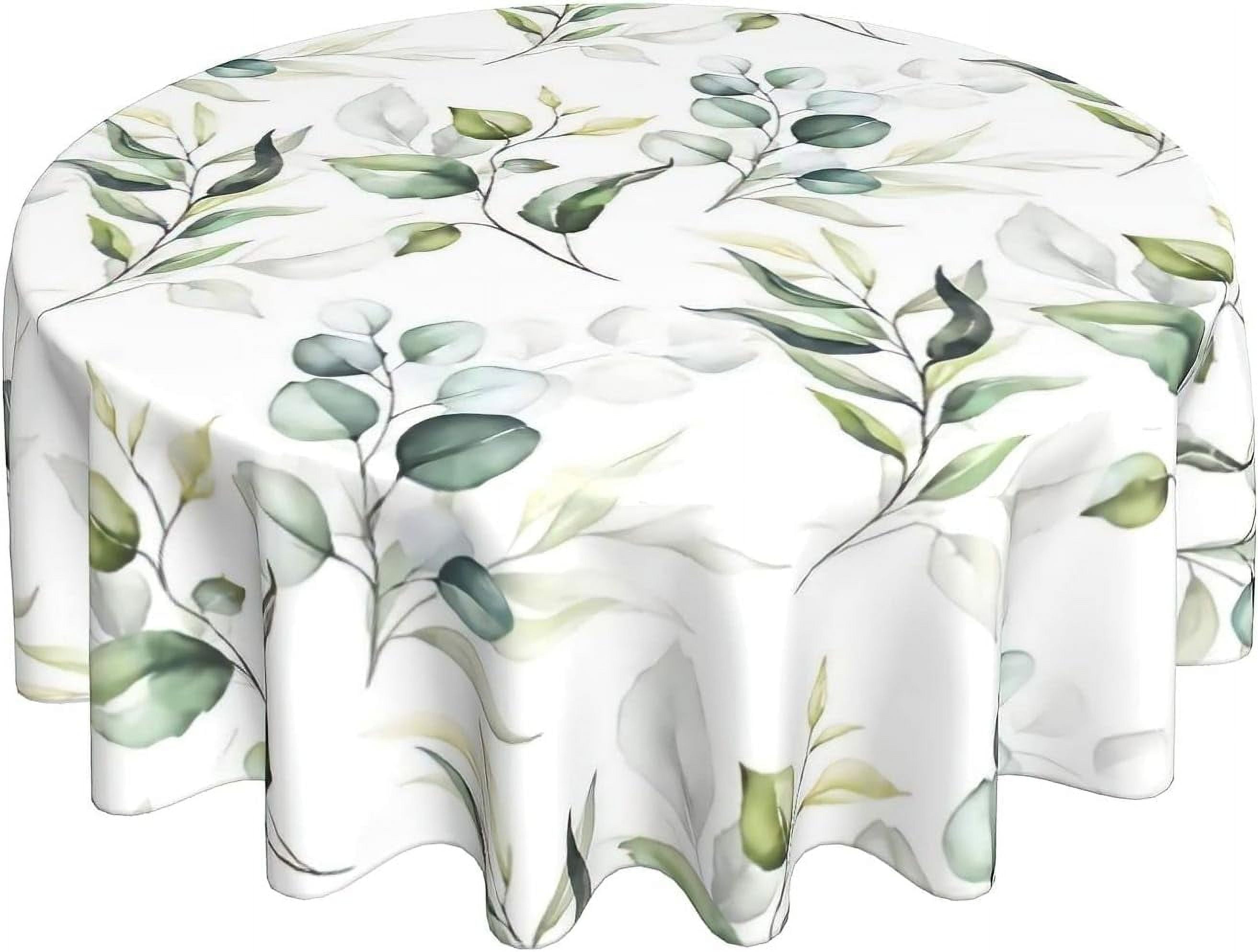 Sage Green Leaf Round Tablecloth 60 Inch Summer Botanical Tropical Farmhouse Eucalyptus Washable ...