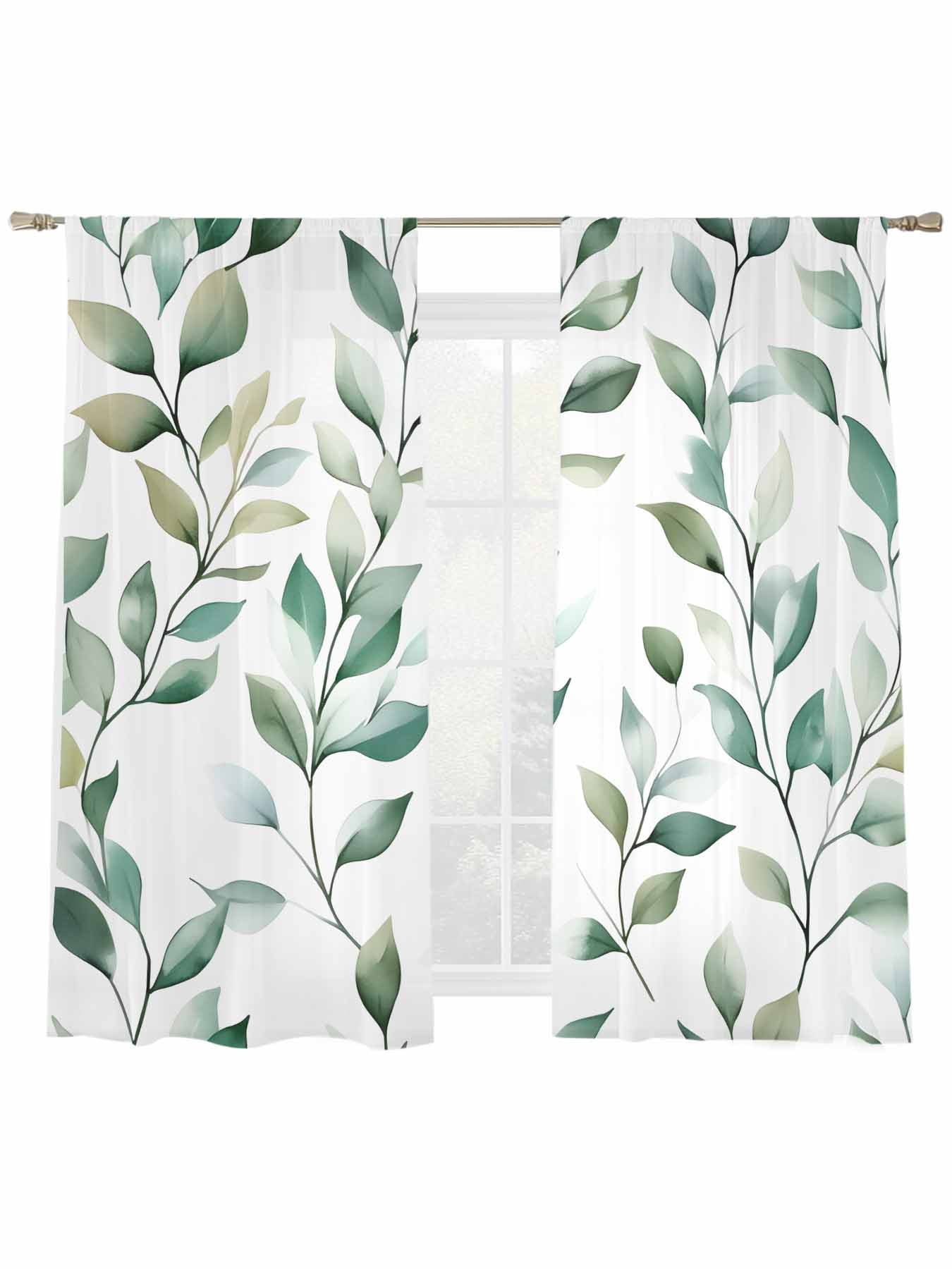 Sage Green Leaf Sheer Curtains 63 Inch Long 2 Panels, Eucalyptus Leaves ...