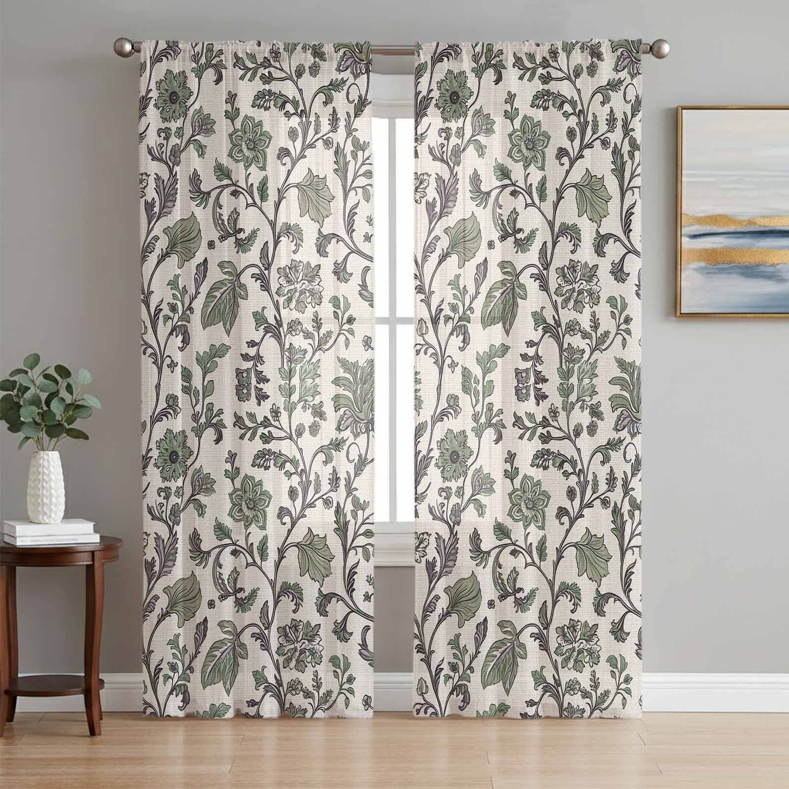 Sage Green Leaf Sheer Curtains 96 Inch Length 2 Panels Set, Vintage ...
