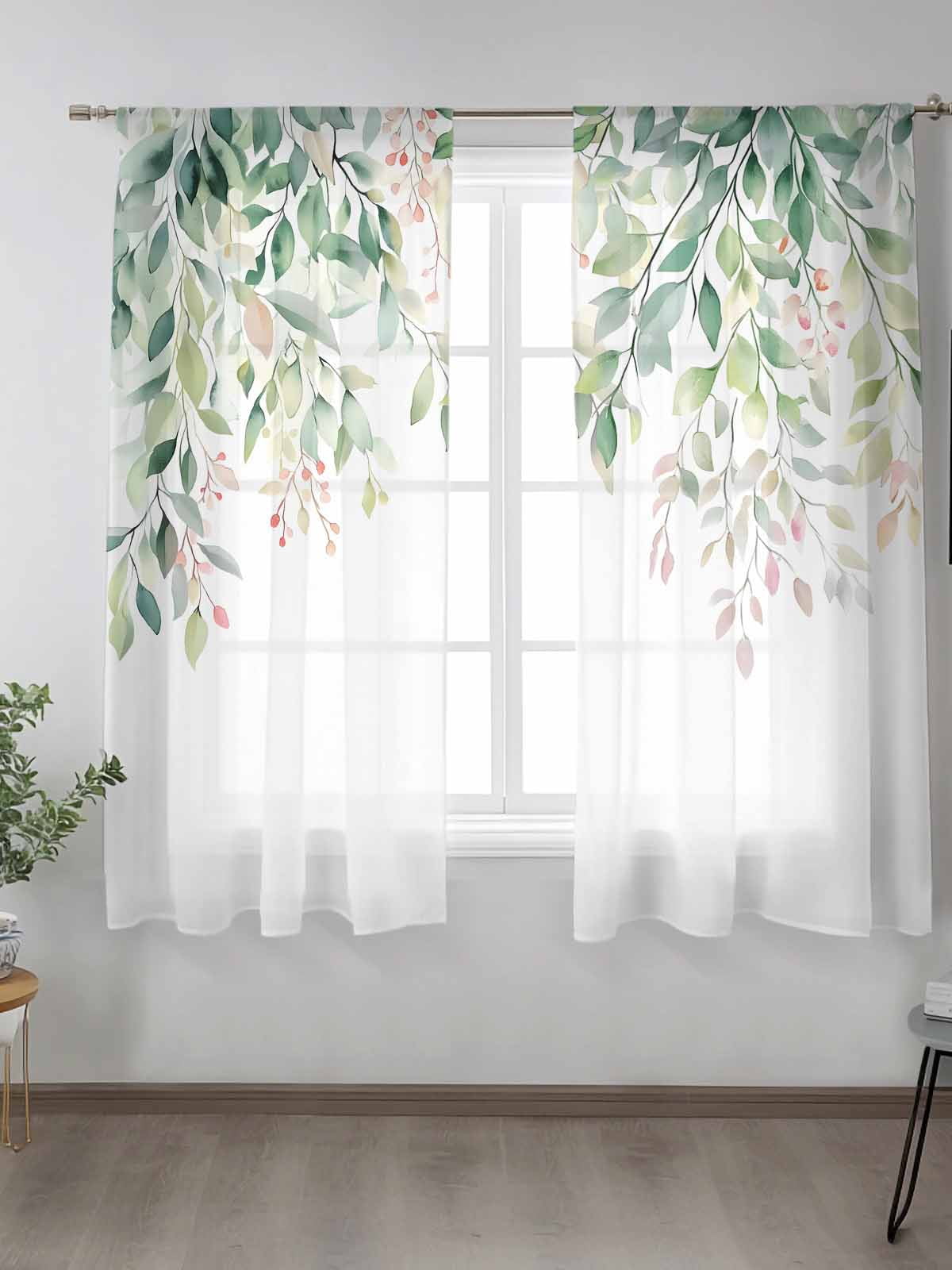 Sage Green Leaf Spring Plant Chiffon Sheer Curtains 72 Inches Long ...
