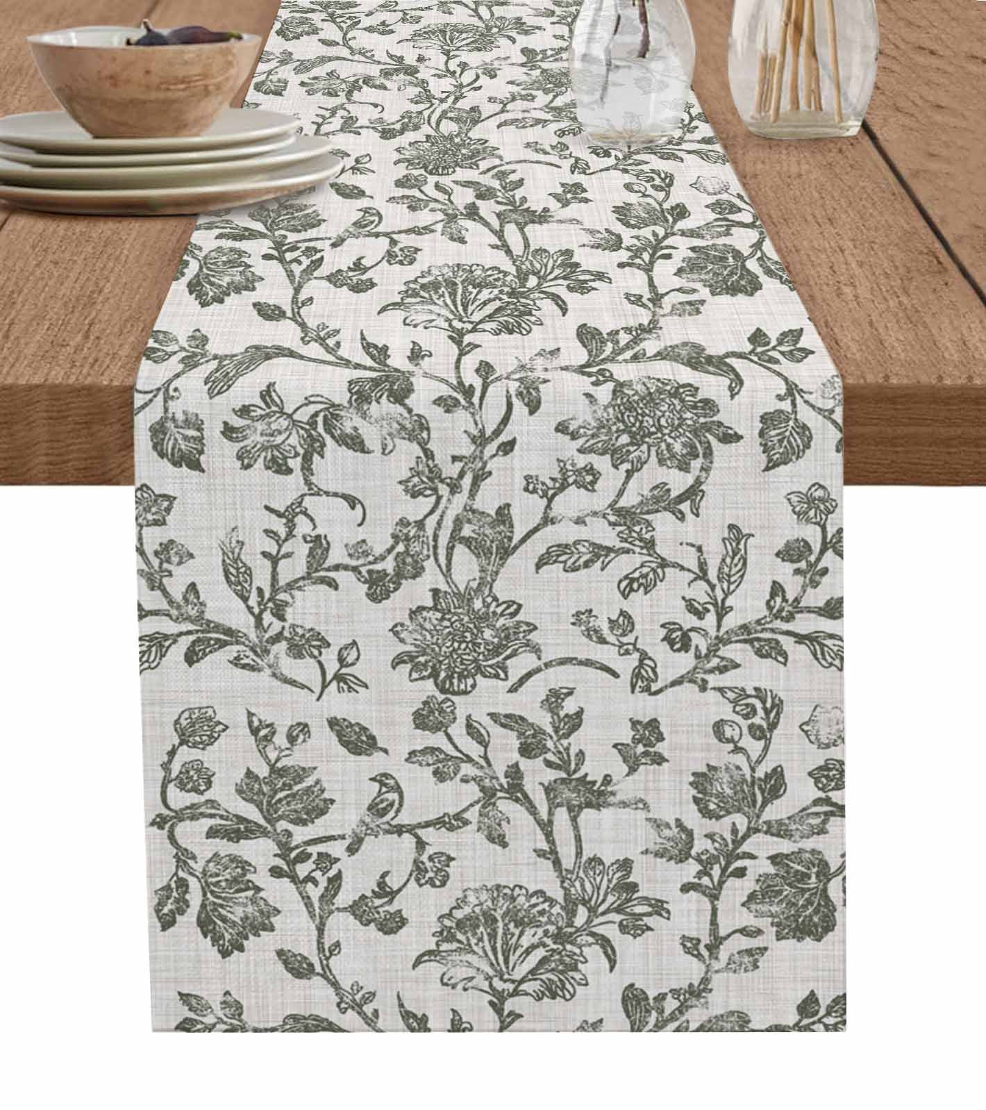 Sage Green Leaf Table Runner 36 Inches, Retro Farmhouse Plant Floral ...