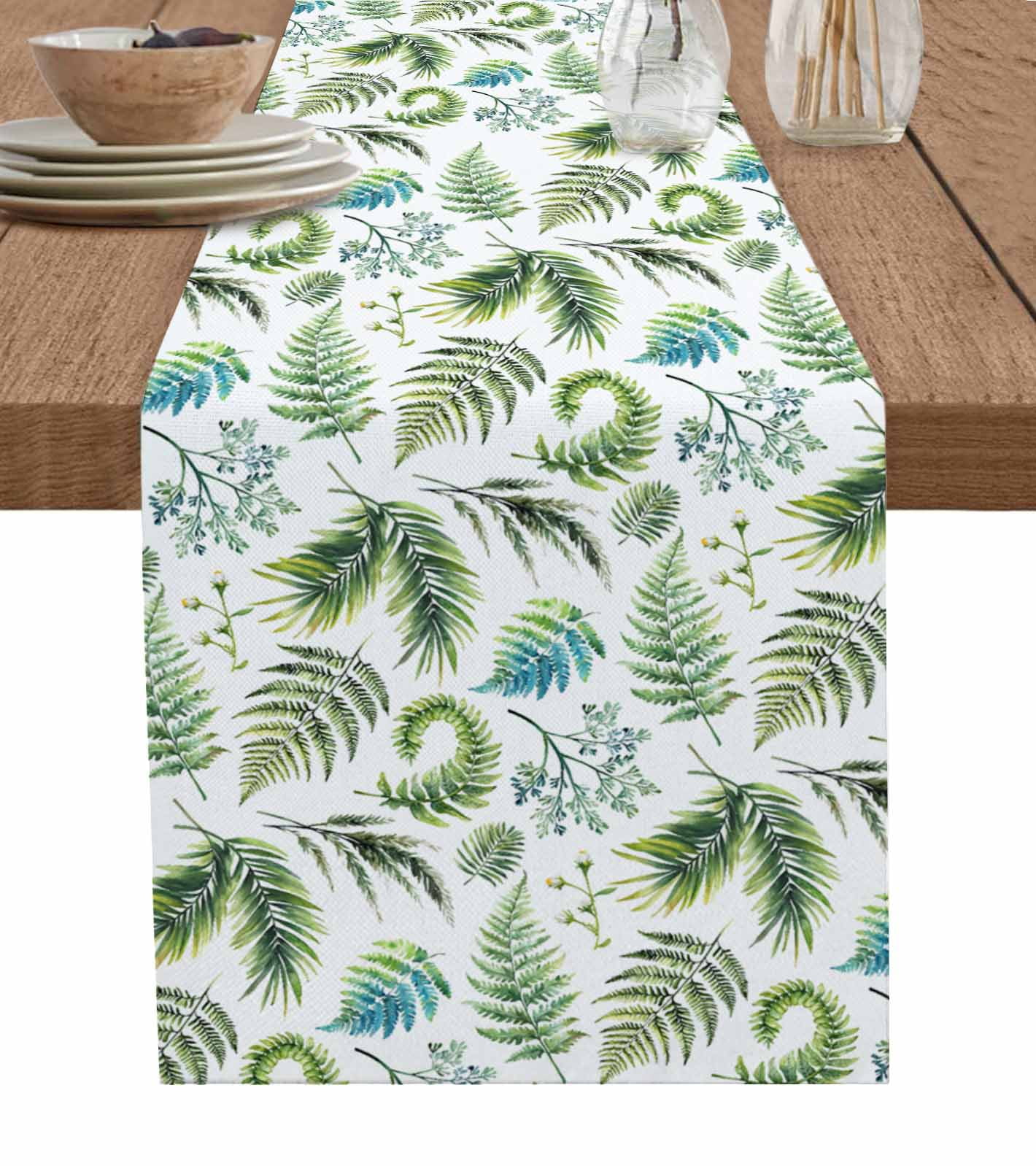 Sage Green Leaf Table Runner 72 Inches, Vintage Botanical Ferns Country ...
