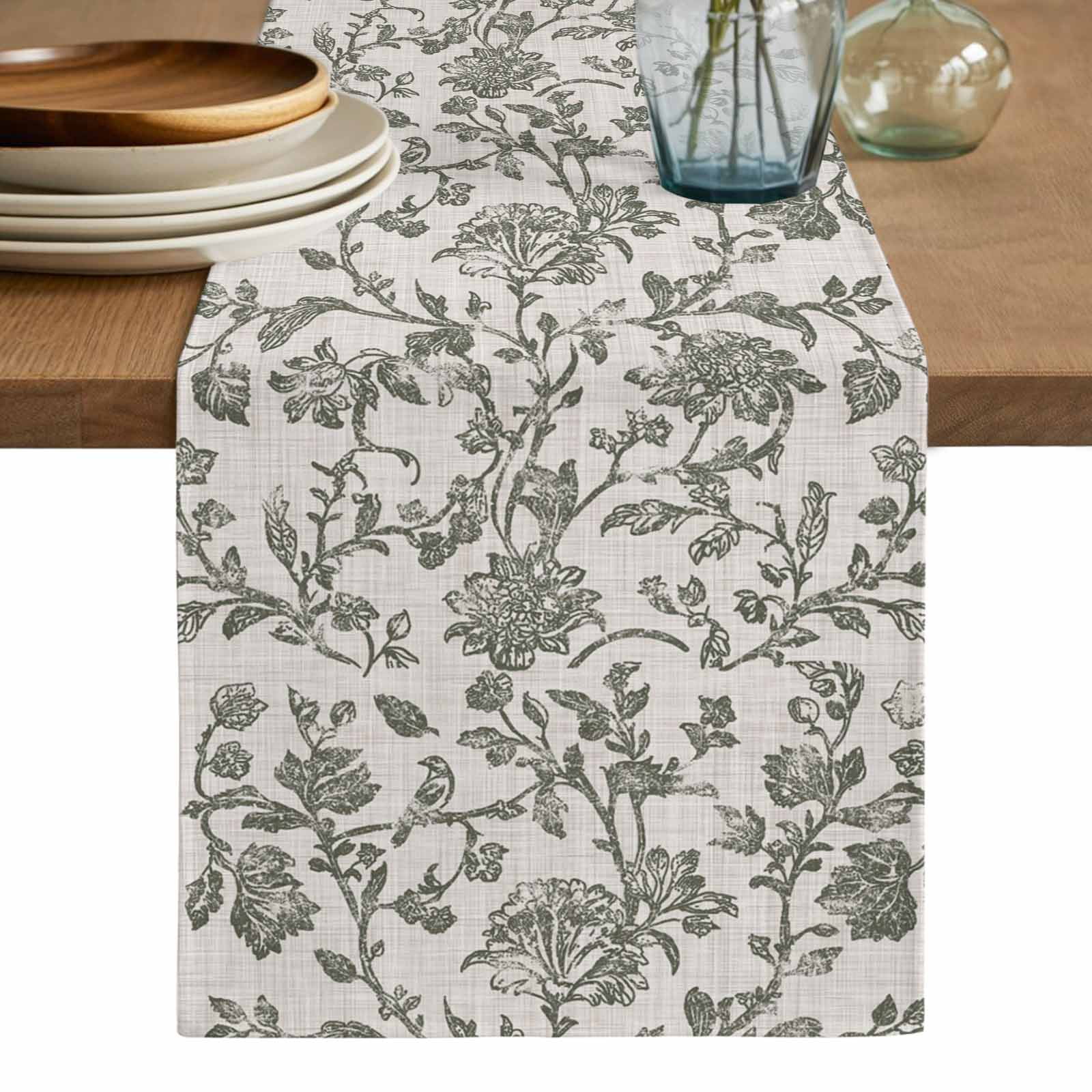 Sage Green Leaf Table Runner, Retro Farmhouse Plant Floral Branch ...