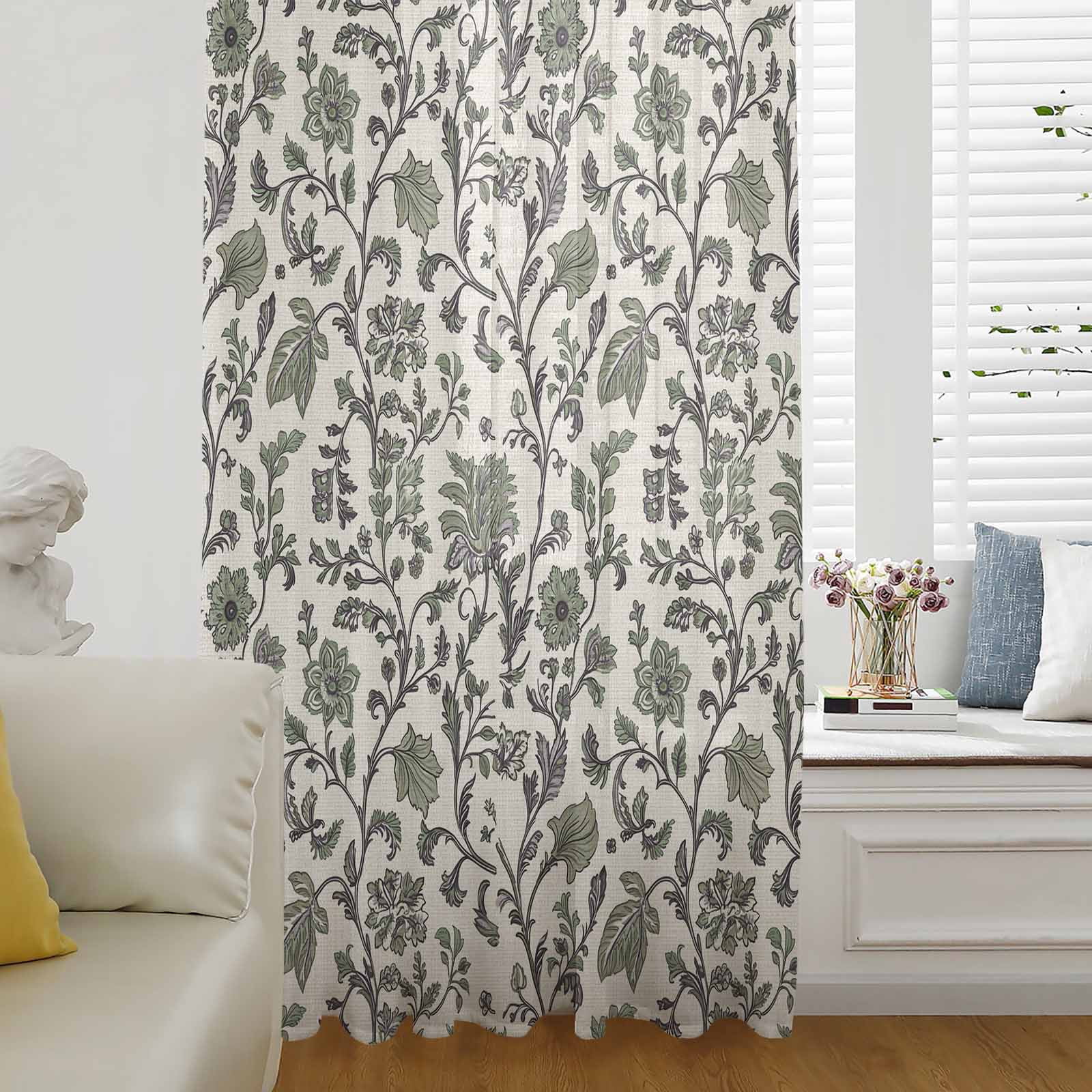 Sage Green Leaf Window Curtain 108 Inches Long,Vintage Farmhouse Boho ...