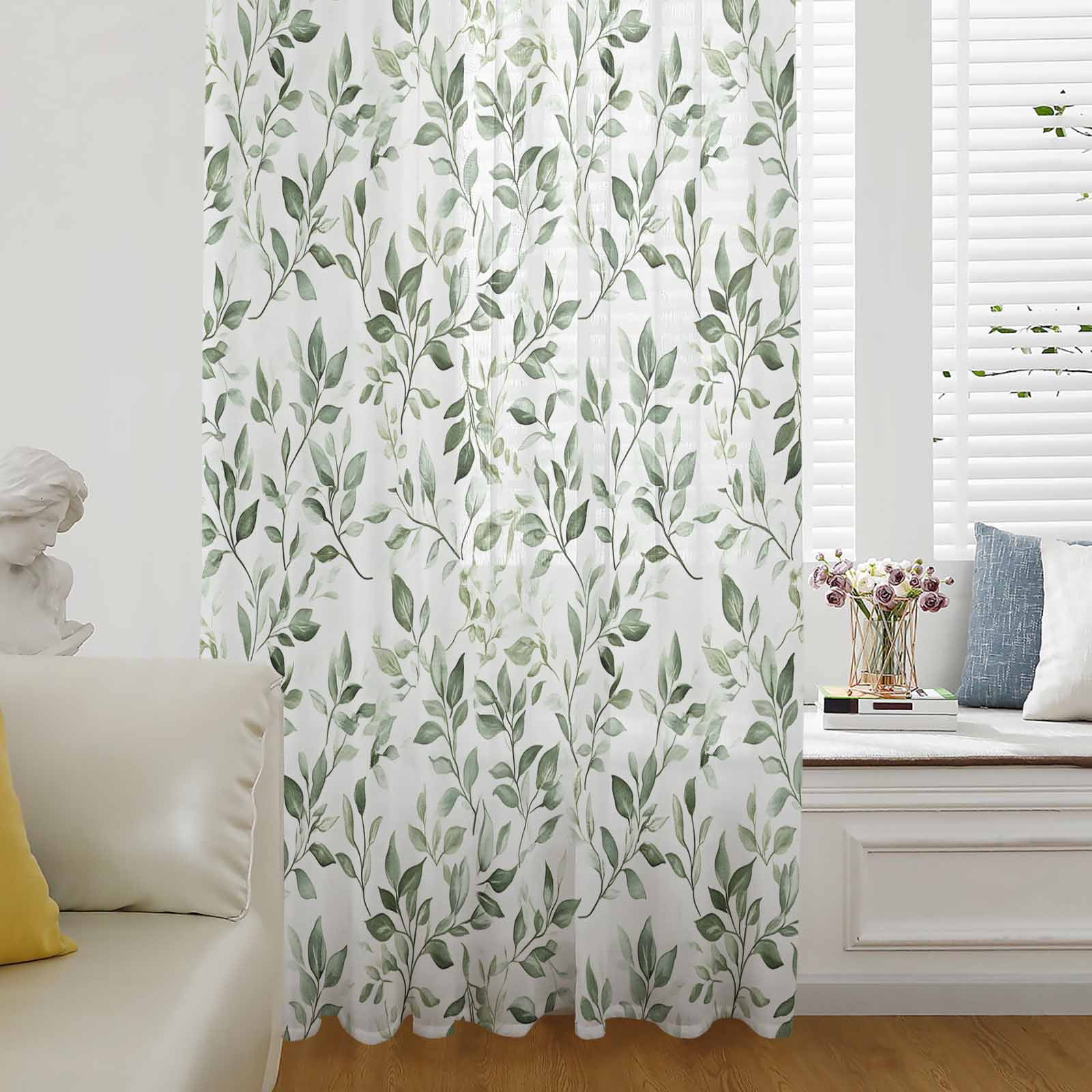 Sage Green Leaf Window Curtain 45 Inches Long,Country Eucalyptus Nature ...