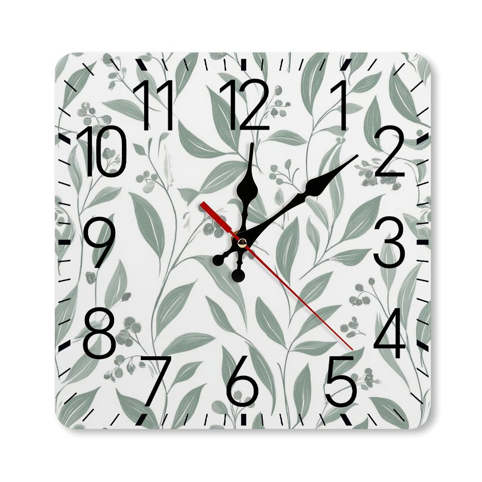 Sage Green Leafy Floral Pattern Wall Clock Silent Non-Ticking For Home ...