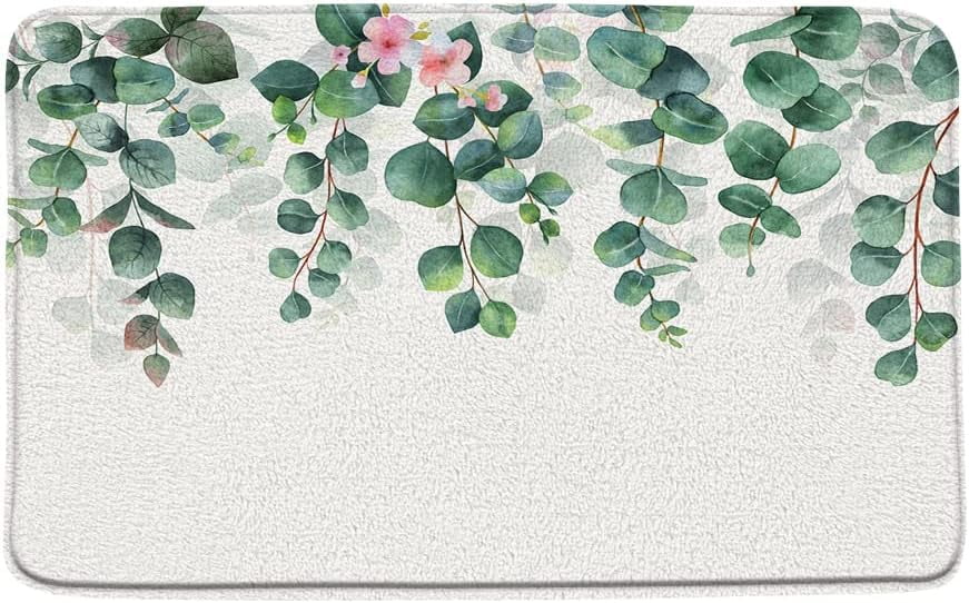 Sage Green Leaves Bath Mat Watercolor Plant Eucalyptus Leaves Floral ...