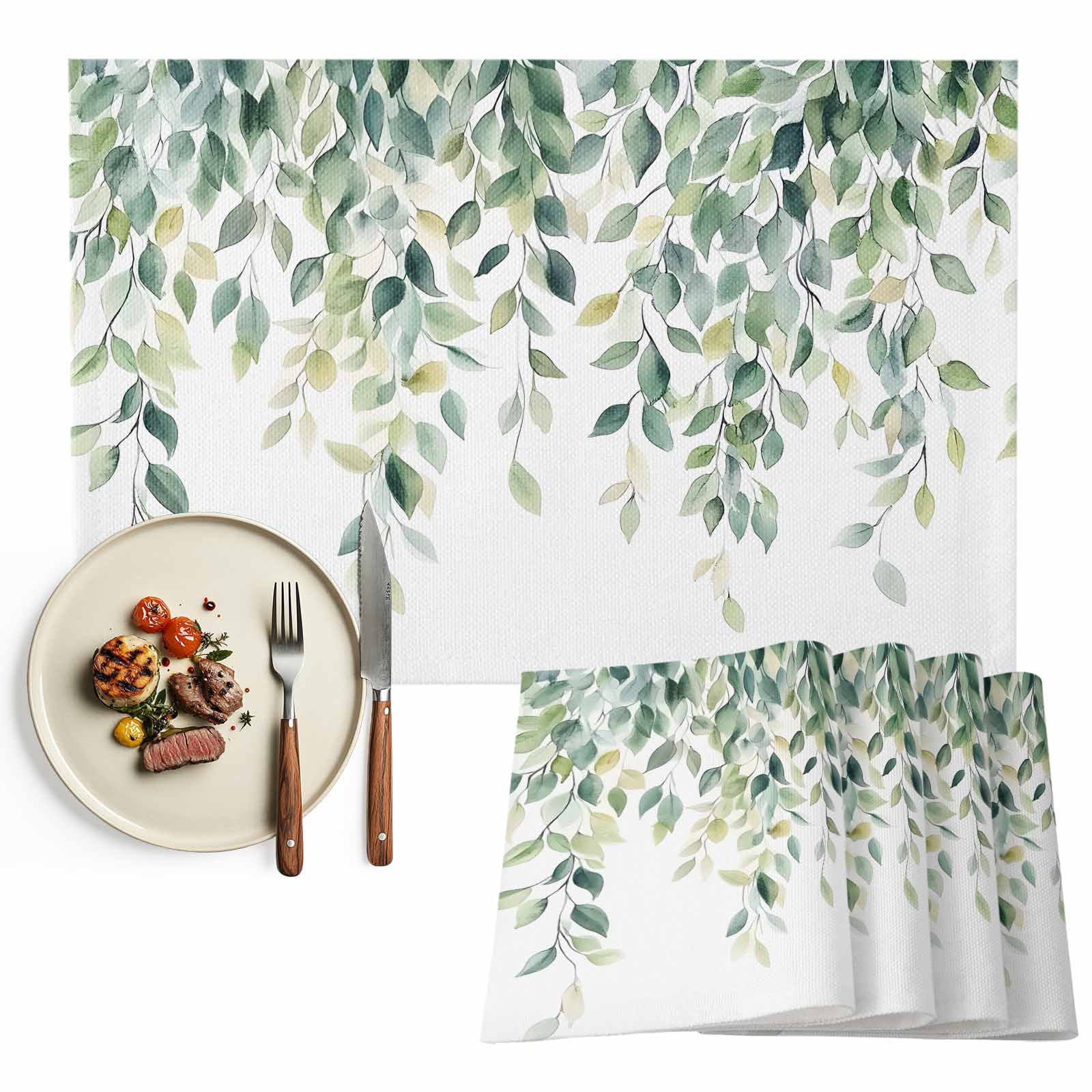 Sage Green Leaves Print Placemats Set of 8, Eucalyptus Leaves Table ...