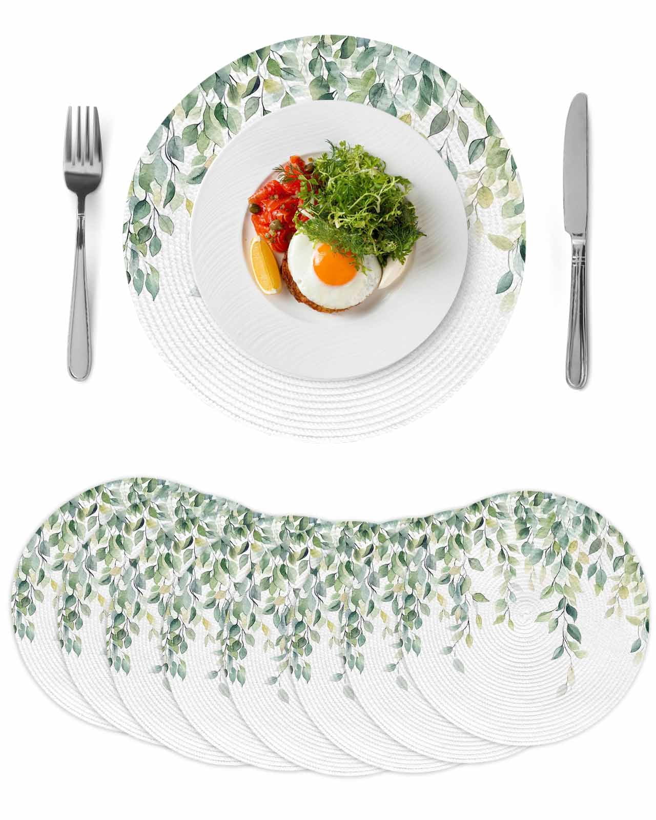 Sage Green Leaves Print Round Table Placemats set of 8, Eucalyptus ...
