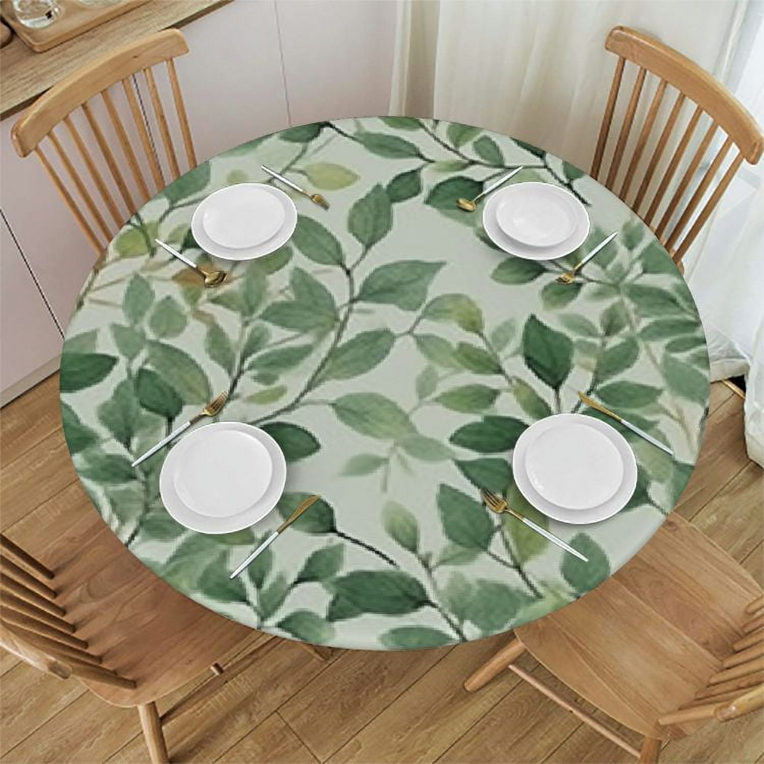 Sage Green Leaves Round Waterproof Table Cover Fitted Tablecloth ...