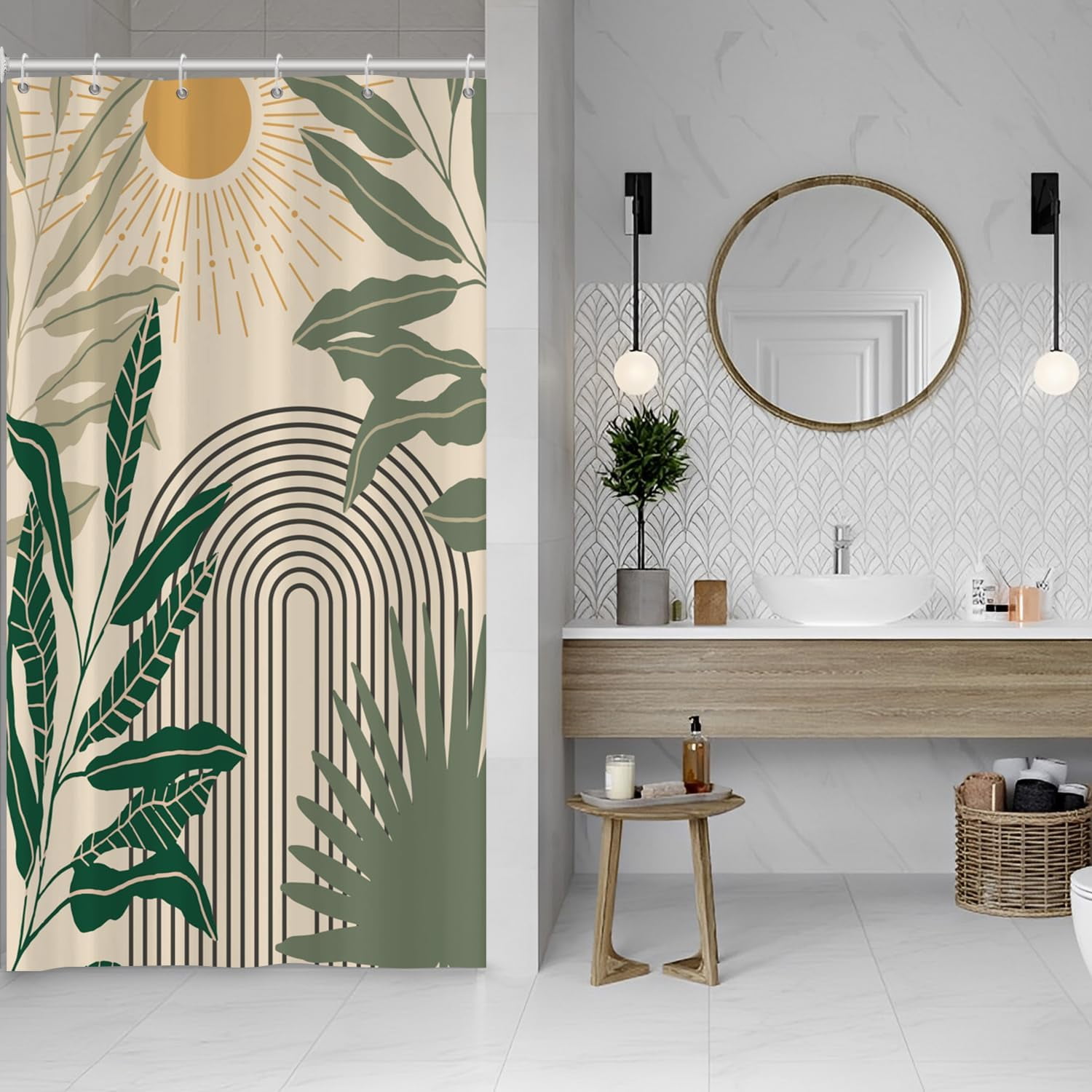 Sage Green Leaves Shower Curtain Set with Hooks Abstract Mid Century Shower Curtains for ...