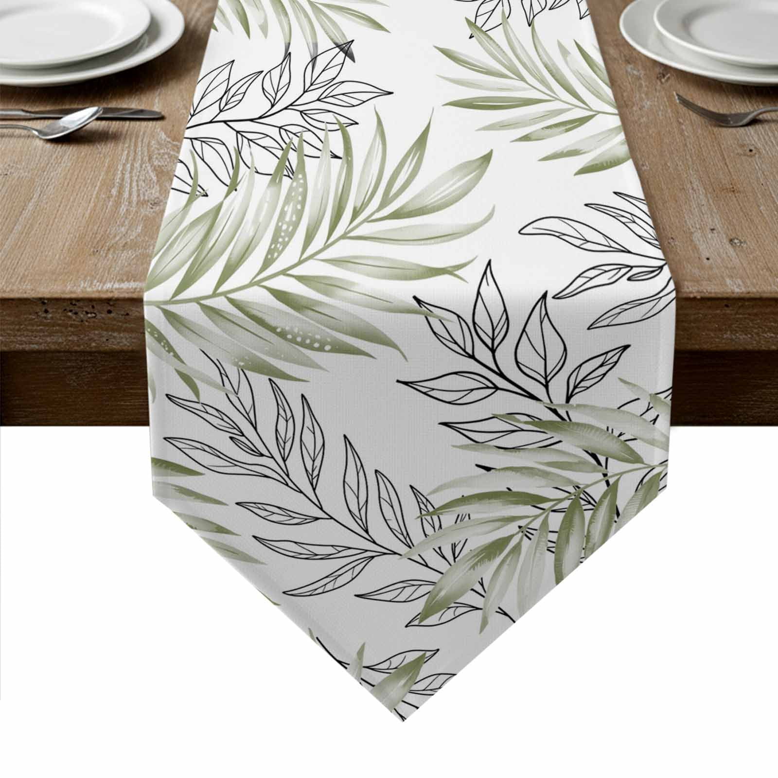Sage Green Leaves Table Runner Linen Burlap Table Runner 70 Inches Long ...