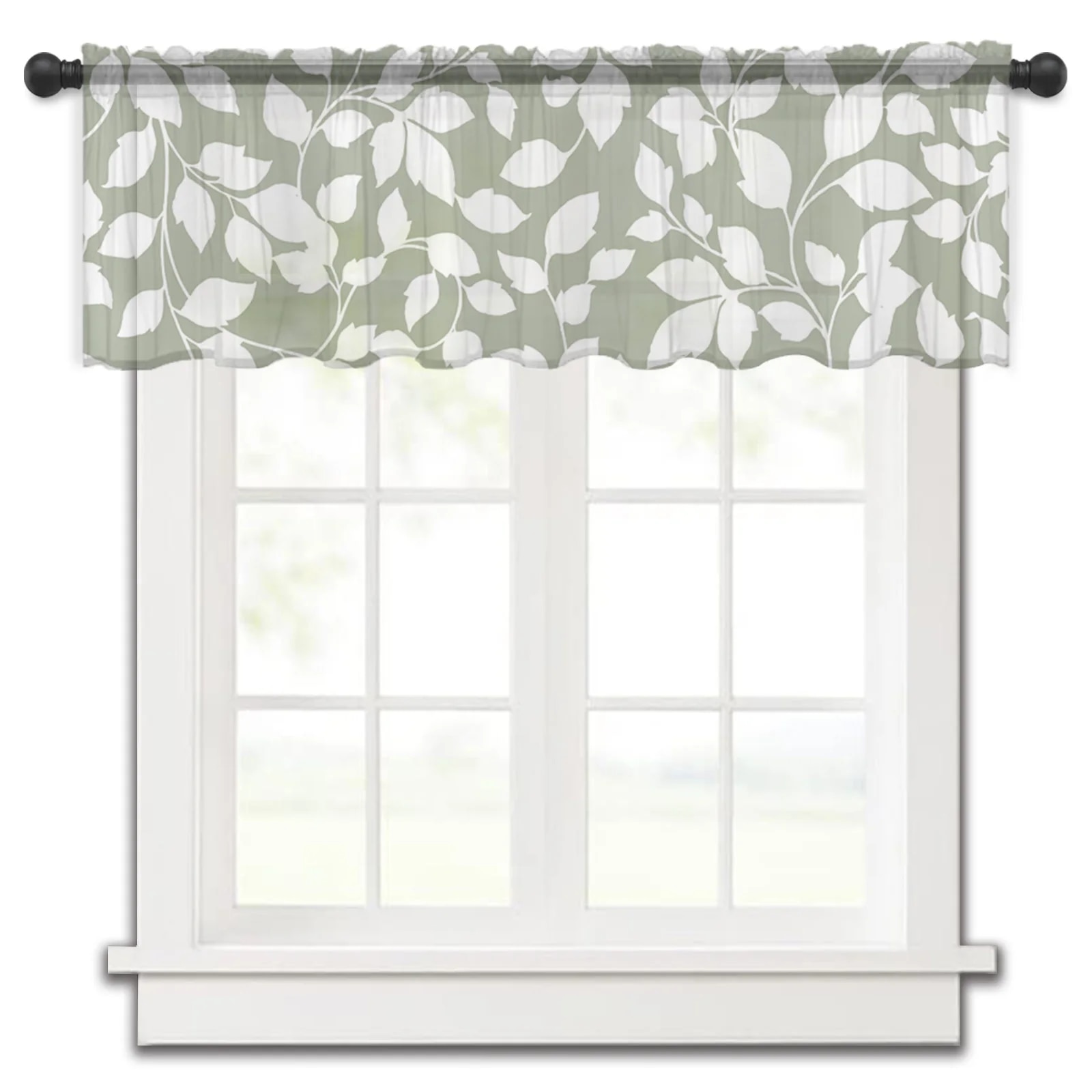 Sage Green Leaves Vine Mann Texture Small Window Curtain Valance Sheer ...
