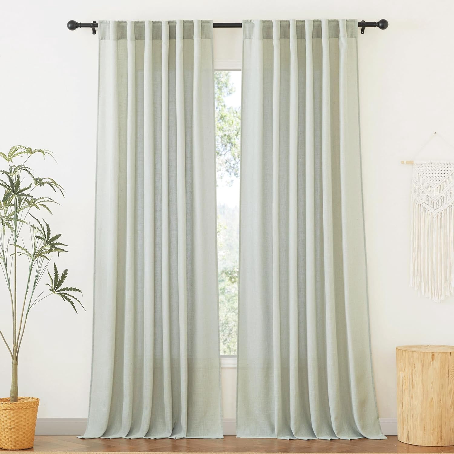 Sage Green Linen Blend Semi Sheer Curtains, 2 Panels Set, Light ...