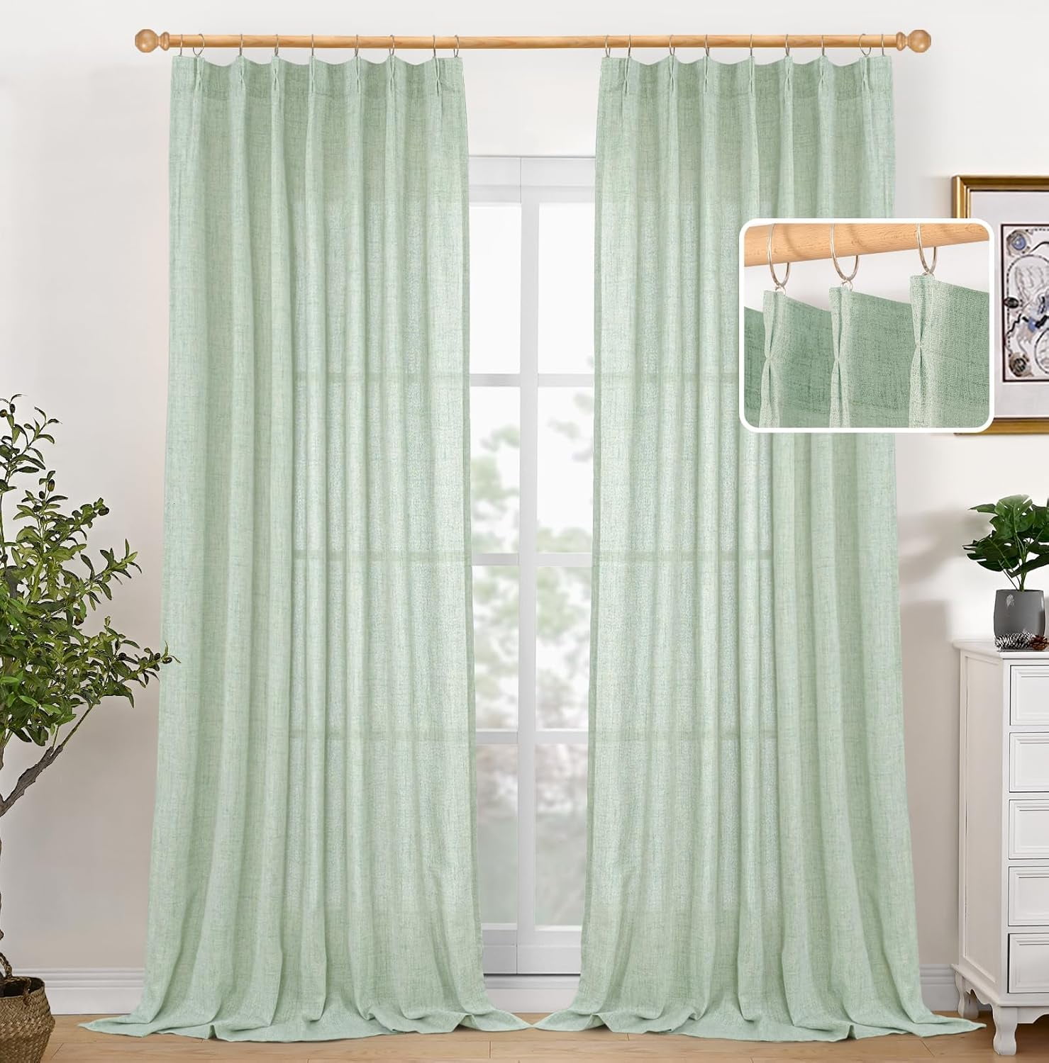 Sage Green Linen Curtains 90 Inch Length Living Room, Textured Semi Sheer Drapes Light Filtering ...
