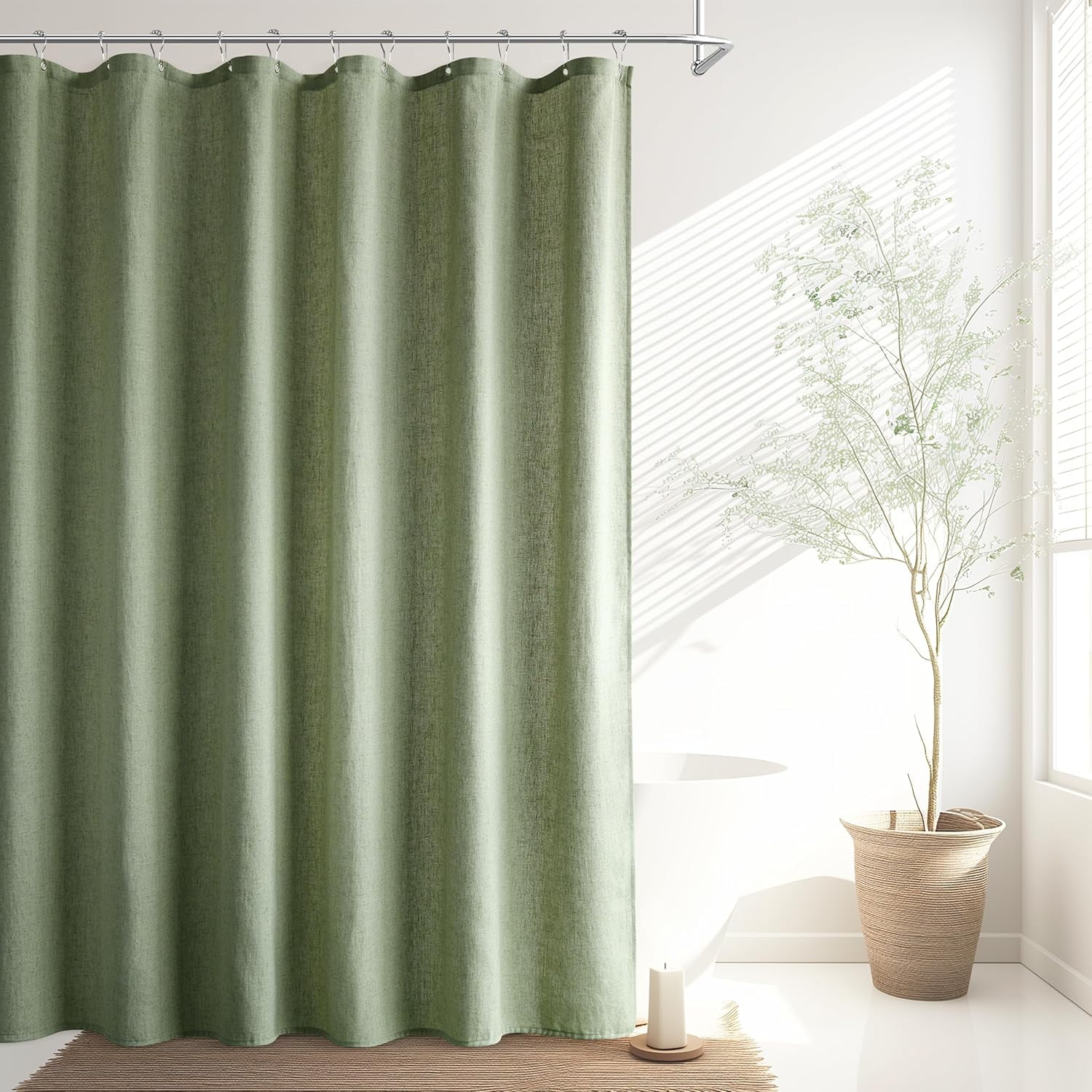 Sage Green Linenn Shower Curtain, Boho Farmhouse Shower Curtain Set for ...