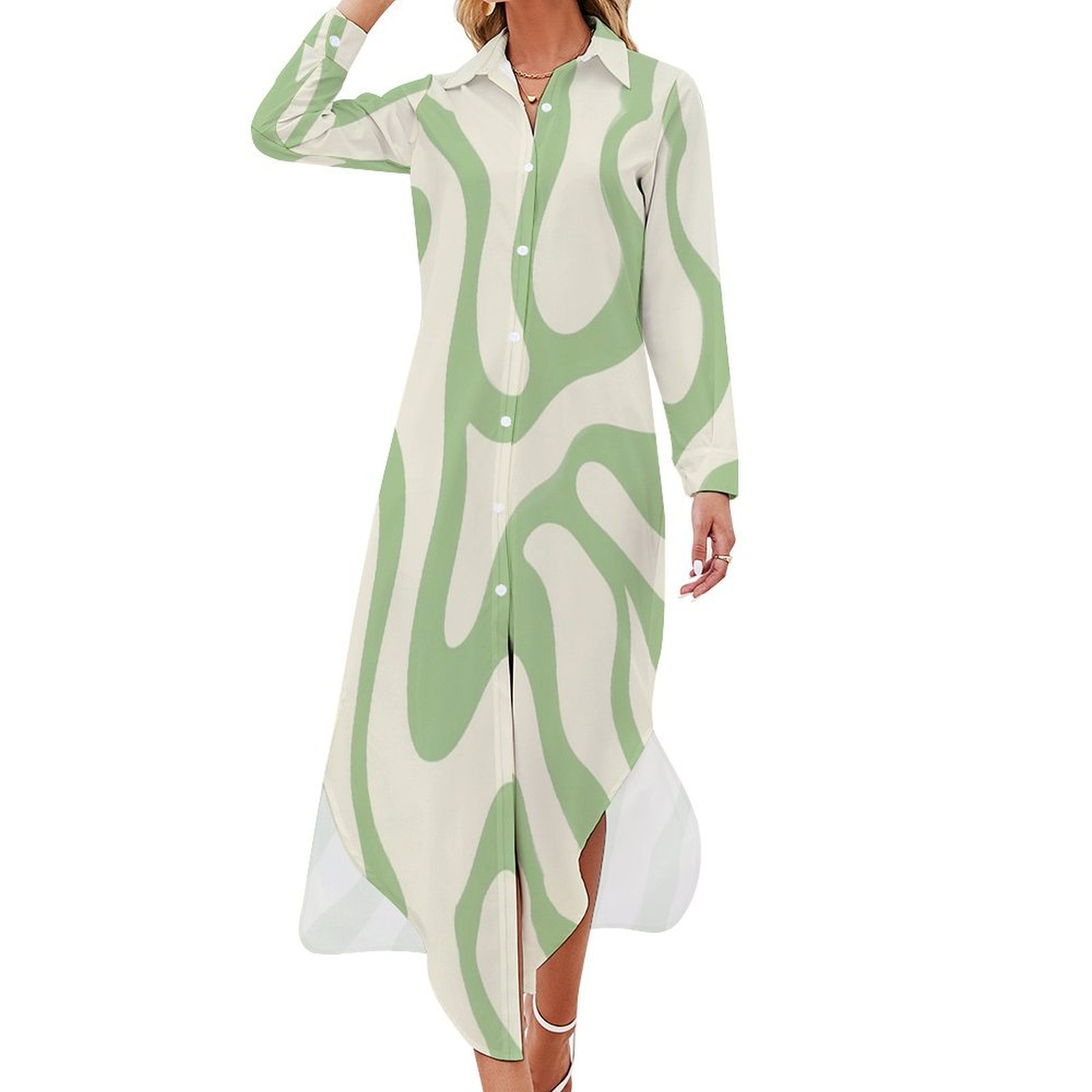 Sage Green Liquid Swirl Art Shirt Dress Long Sleeve Street Fashion V ...