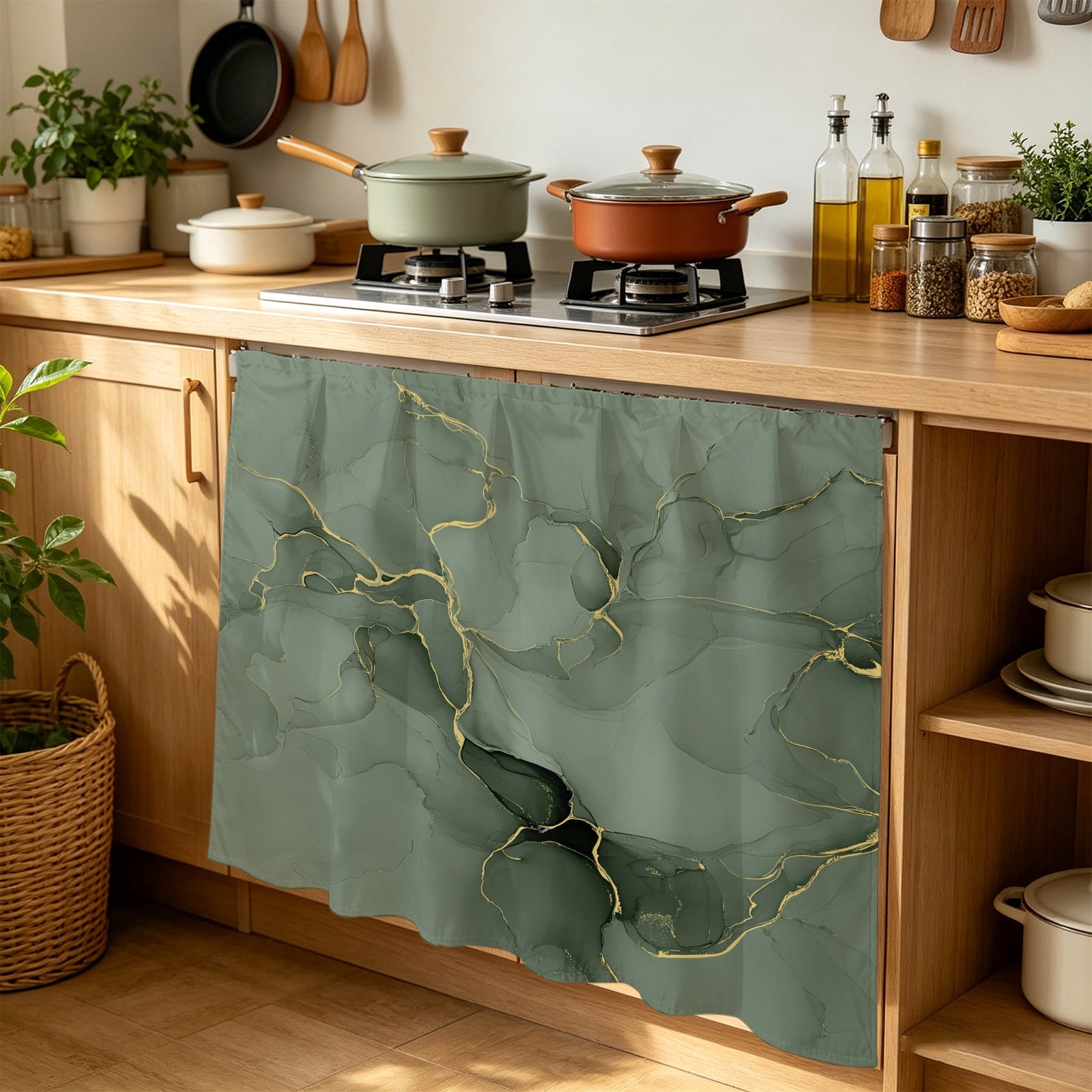 Sage Green Marble Cabinet Curtains 35''x35'', Modern Abstract Art Ink ...