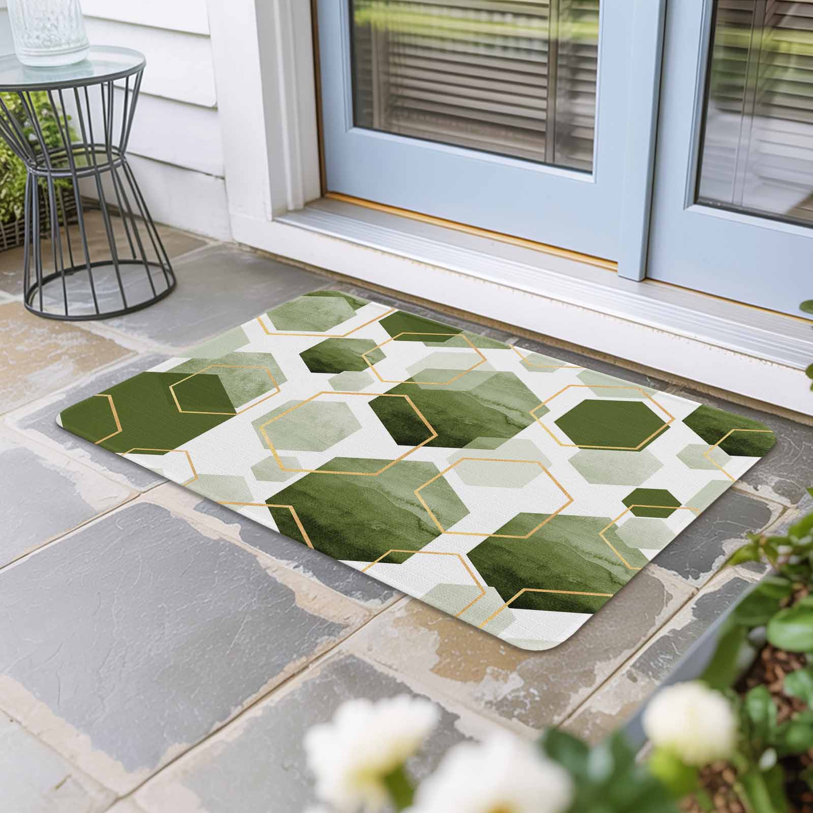Sage Green Marble Door Mat Indoor Outdoor, Gold White Geometric Hexagon ...