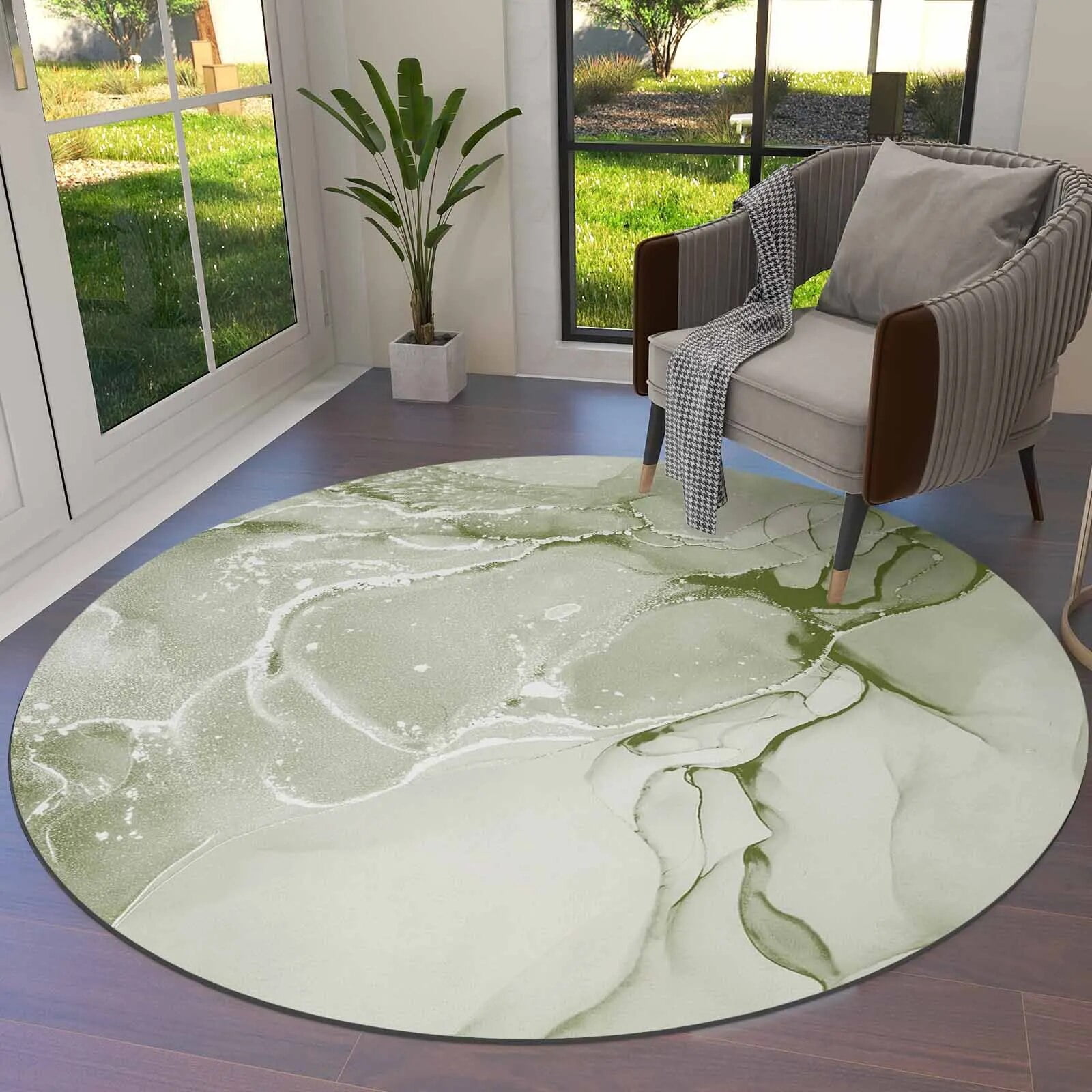 Sage Green Marble Texture Round Area Rug Carpets for Living Room Large ...