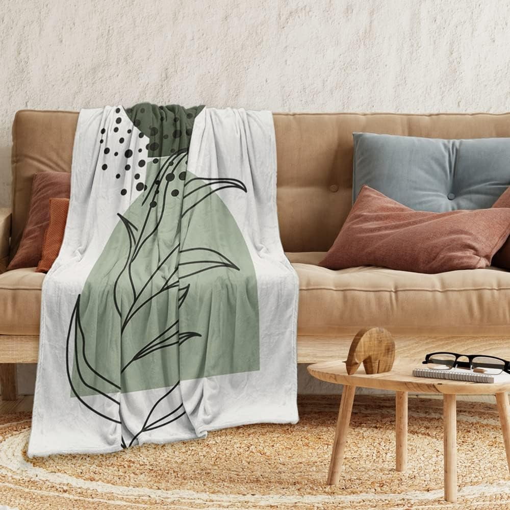 Sage Green Mid Century Flannel Throw Blankets Boho Abstract Leaf Thick ...
