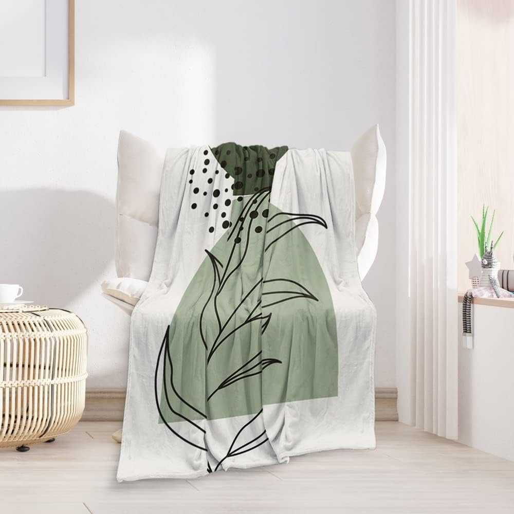 Sage Green Mid Century Flannel Throw Blankets Boho Abstract Leaf Thick ...