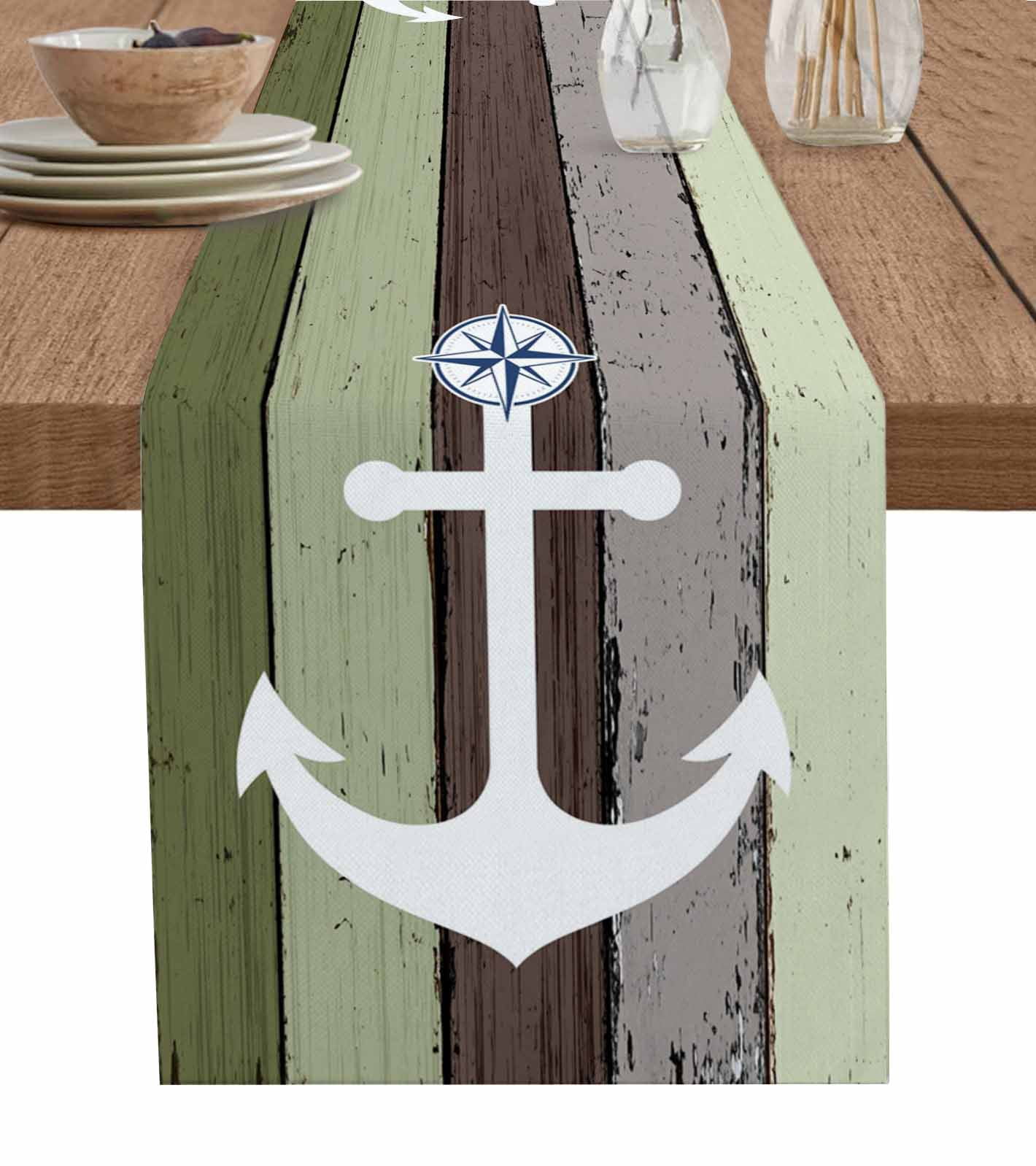 Sage Green Nautical Anchor Short Table Runners 36 Inches, Cotton Linen ...