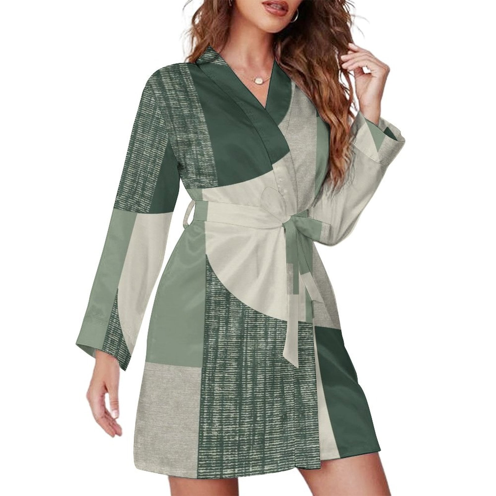 Sage Green Night Robe Long Sleeve V Neck Robe With Belt Women's ...